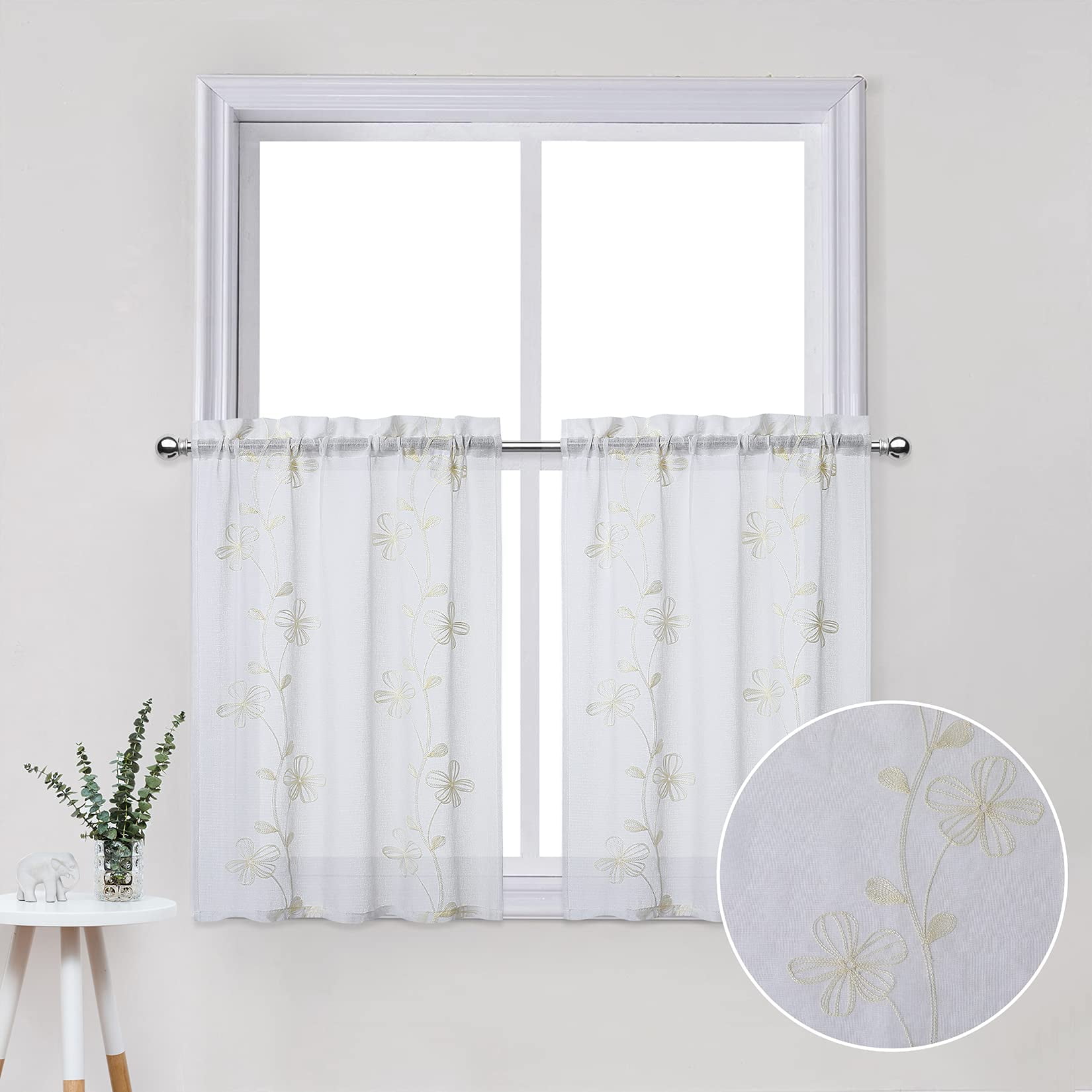 DSstyles White Sheer Valance Curtain, Floral Embroidered Kitchen Window ...