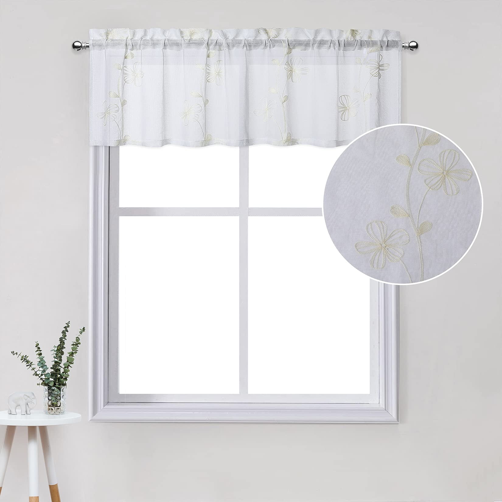 DSstyles White Sheer Valance Curtain, Floral Embroidered Kitchen Window ...