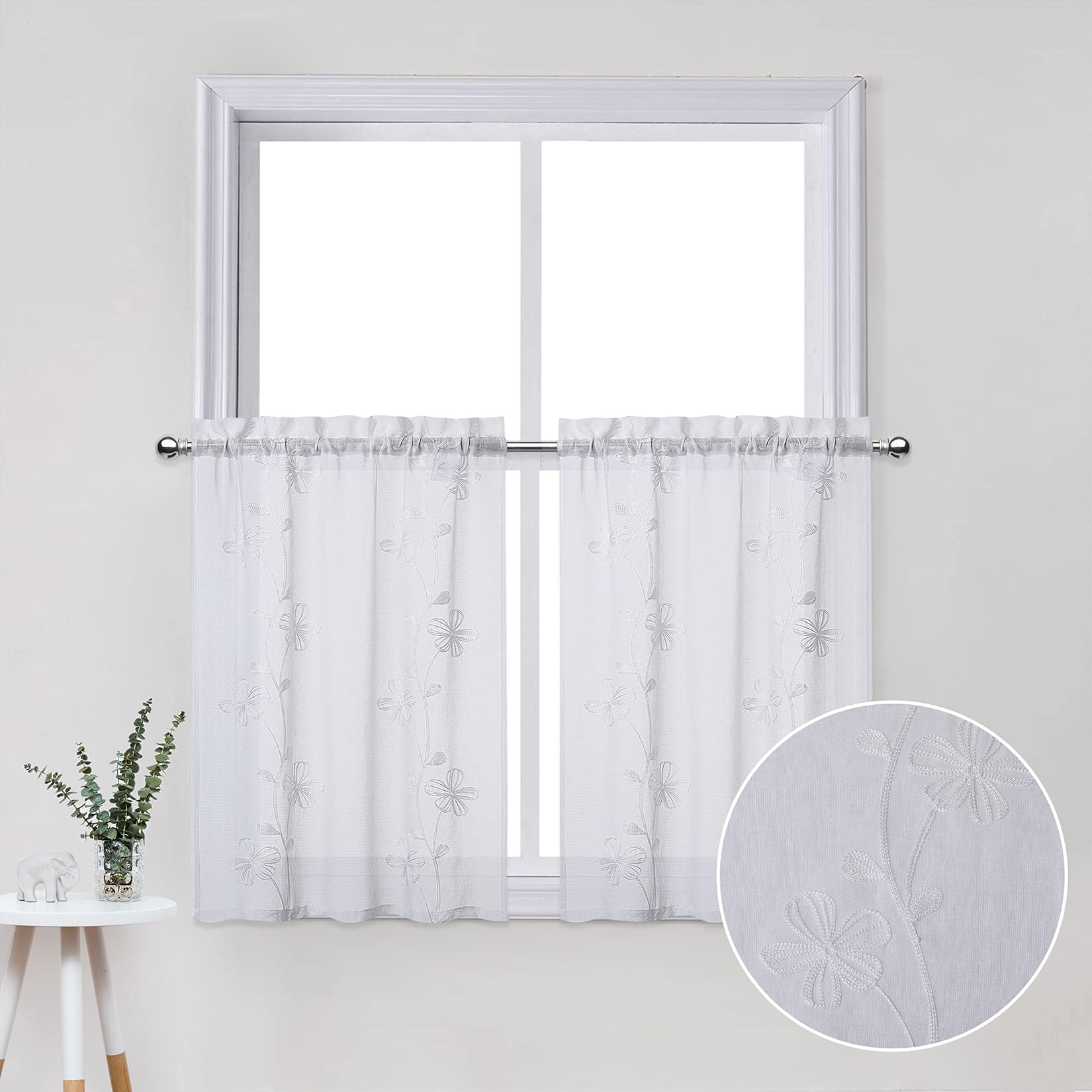 DSstyles White Sheer Valance Curtain, Floral Embroidered Kitchen Window ...