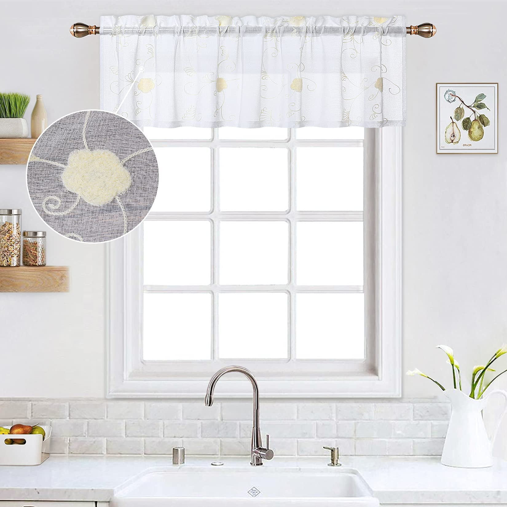 DSstyles White Short Curtains for Small Window, Floral Embroidered Pom ...