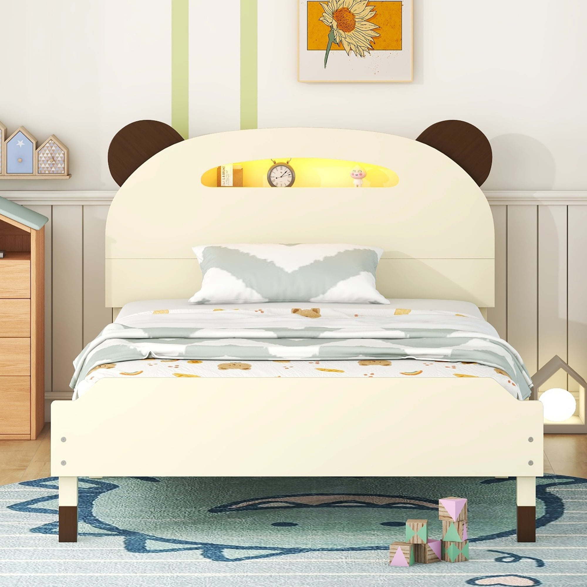 DSstyles Wood Platform Bed Unique Bear Shape Design With 10 Solid Wood ...