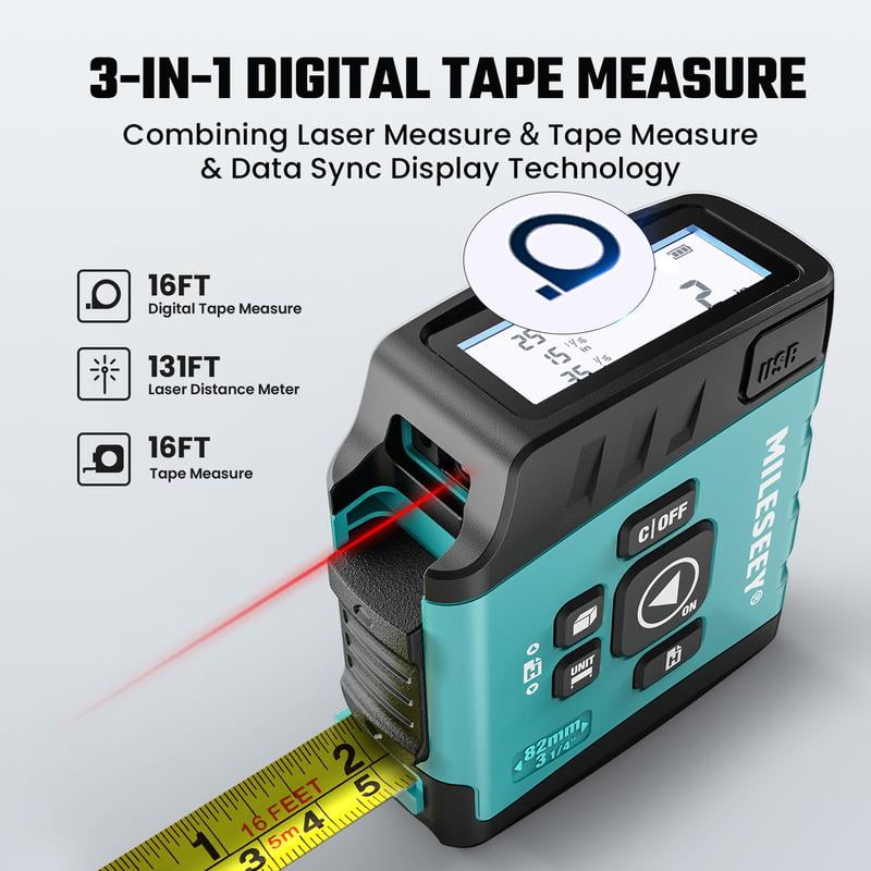 DT20 Laser Tape Measure 3-in-1, 130FT Laser Distance Meter with Real-Time Display, 16FT Digital ...