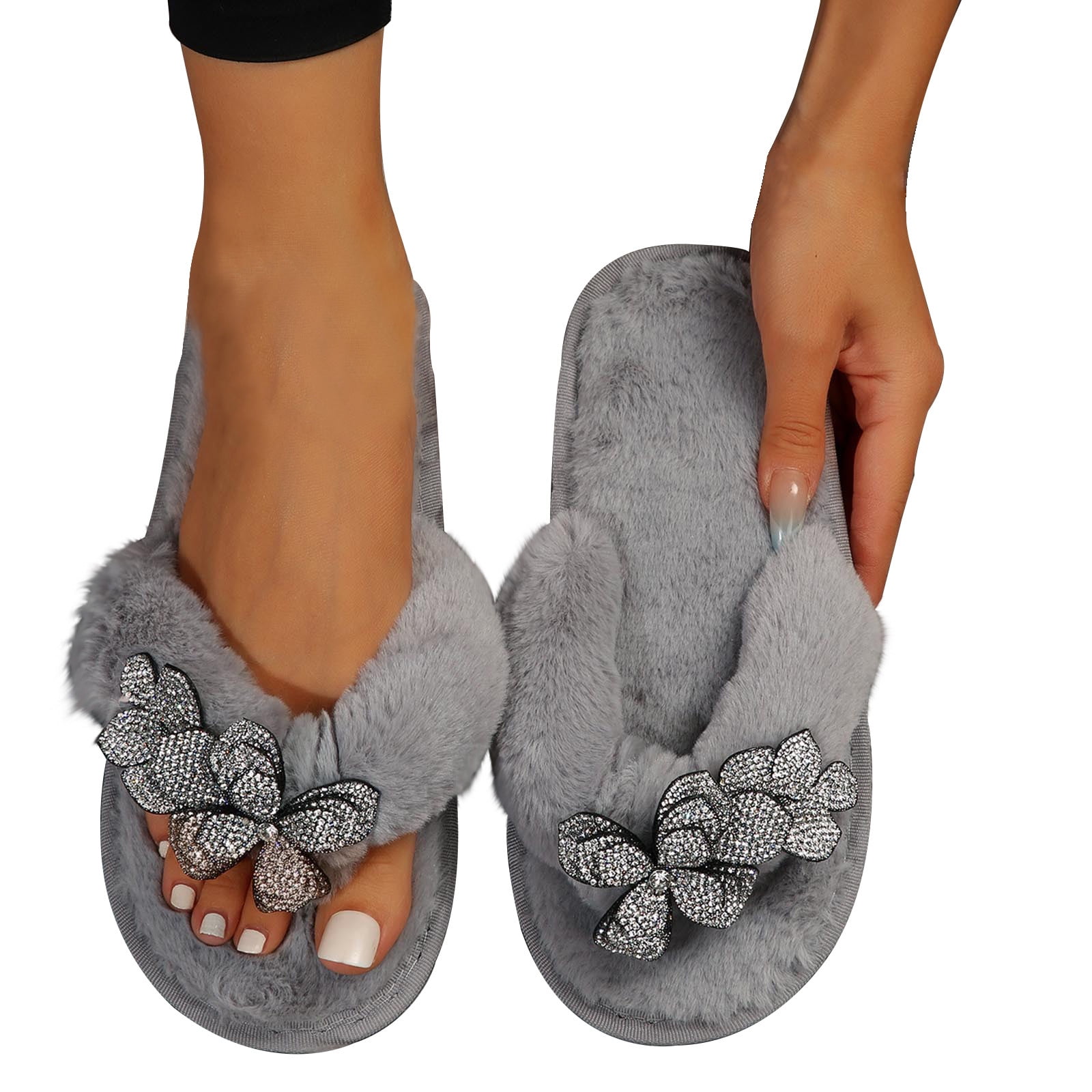 DTBPRQ Women's Fuzzy Slippers Flip Flop Memory Foam Slippers with Cozy ...