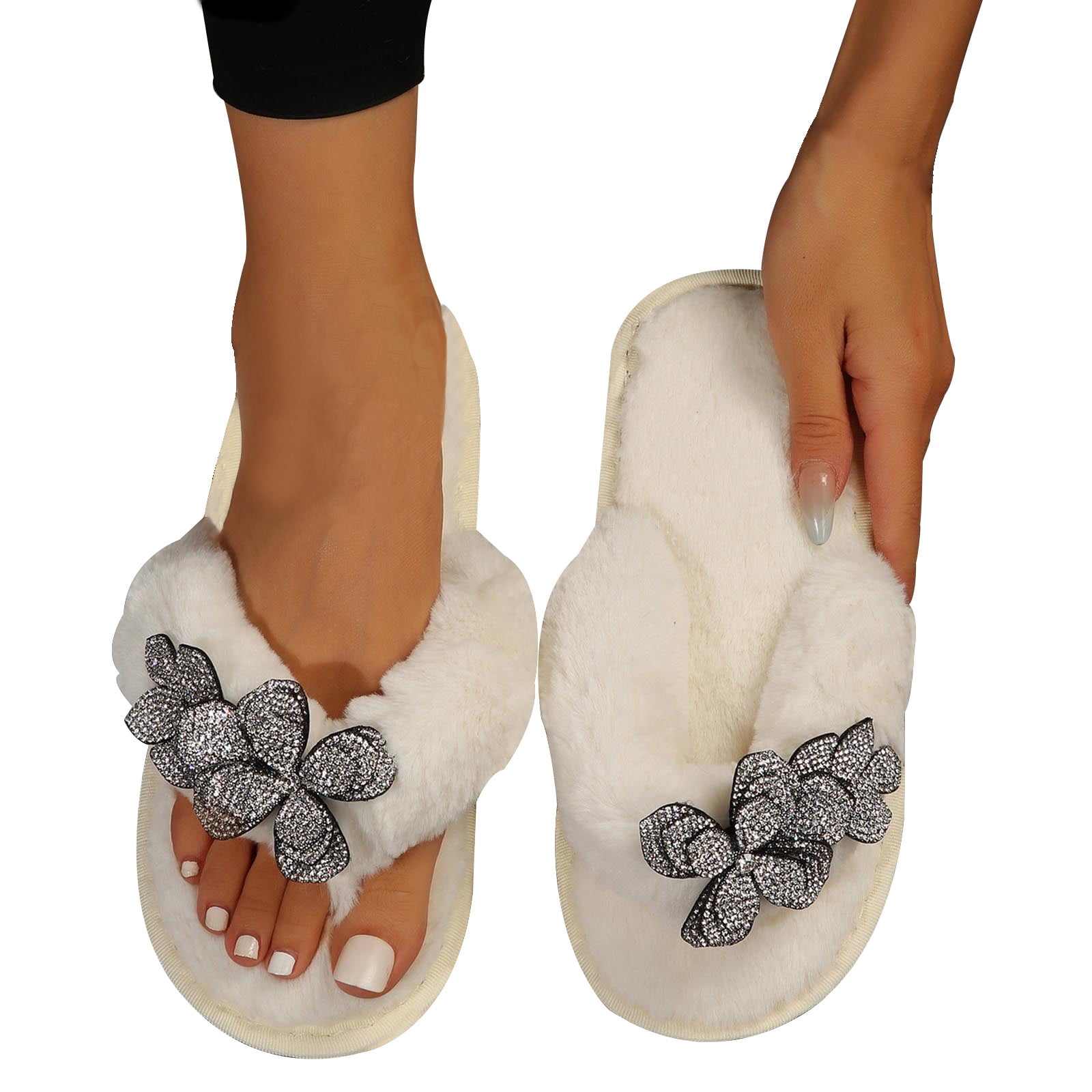 DTBPRQ Women's Fuzzy Slippers Flip Flop Memory Foam Slippers with Cozy ...