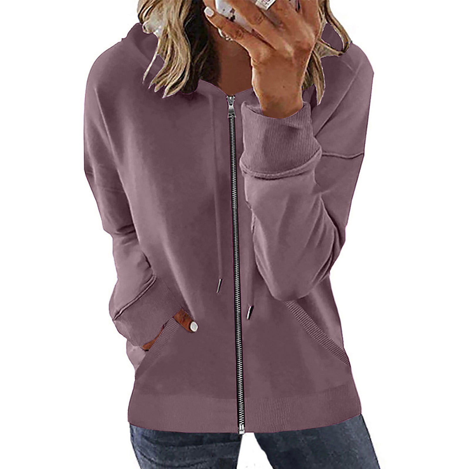 DTBPRQ Women's Zip Up Hooded Sweatshirts Casual Full Zipper Open Front ...