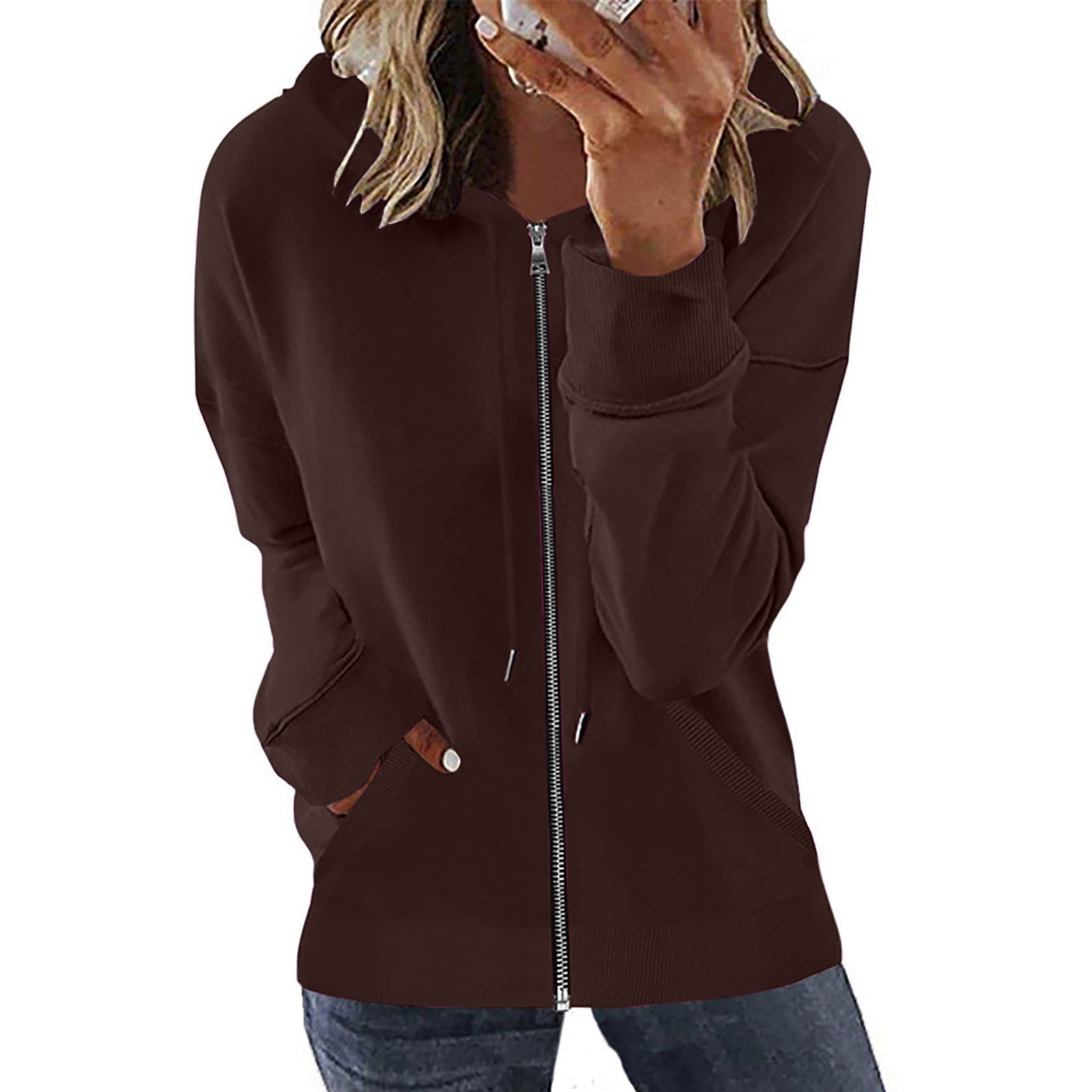 DTBPRQ Women's Zip Up Hooded Sweatshirts Casual Full Zipper Open Front ...