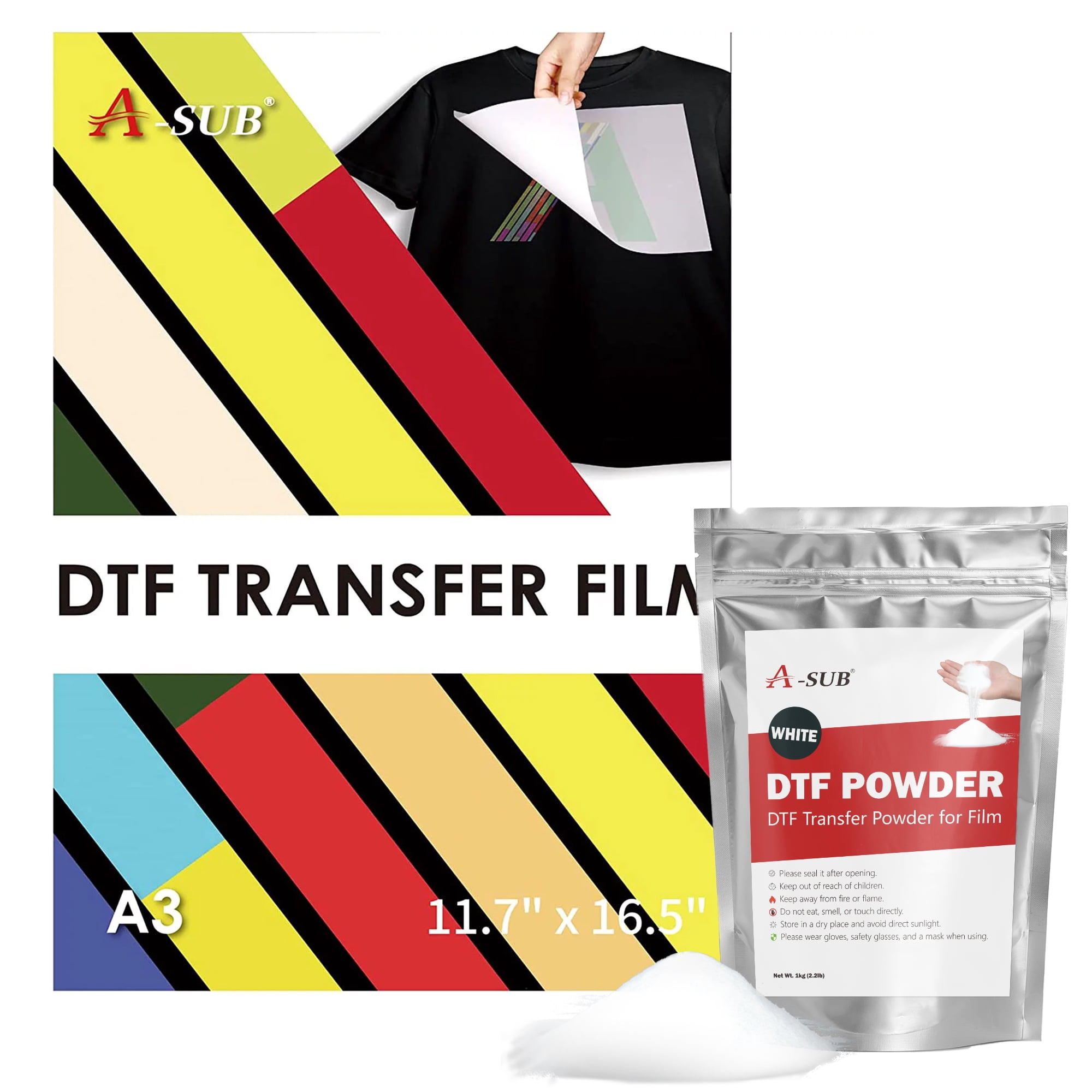 DTF Powder and Film Kit - A-SUB DTF Paper A3 11.7"x16.5" 30 Sheets + 2.2lb A-SUB DTF Transfer ...