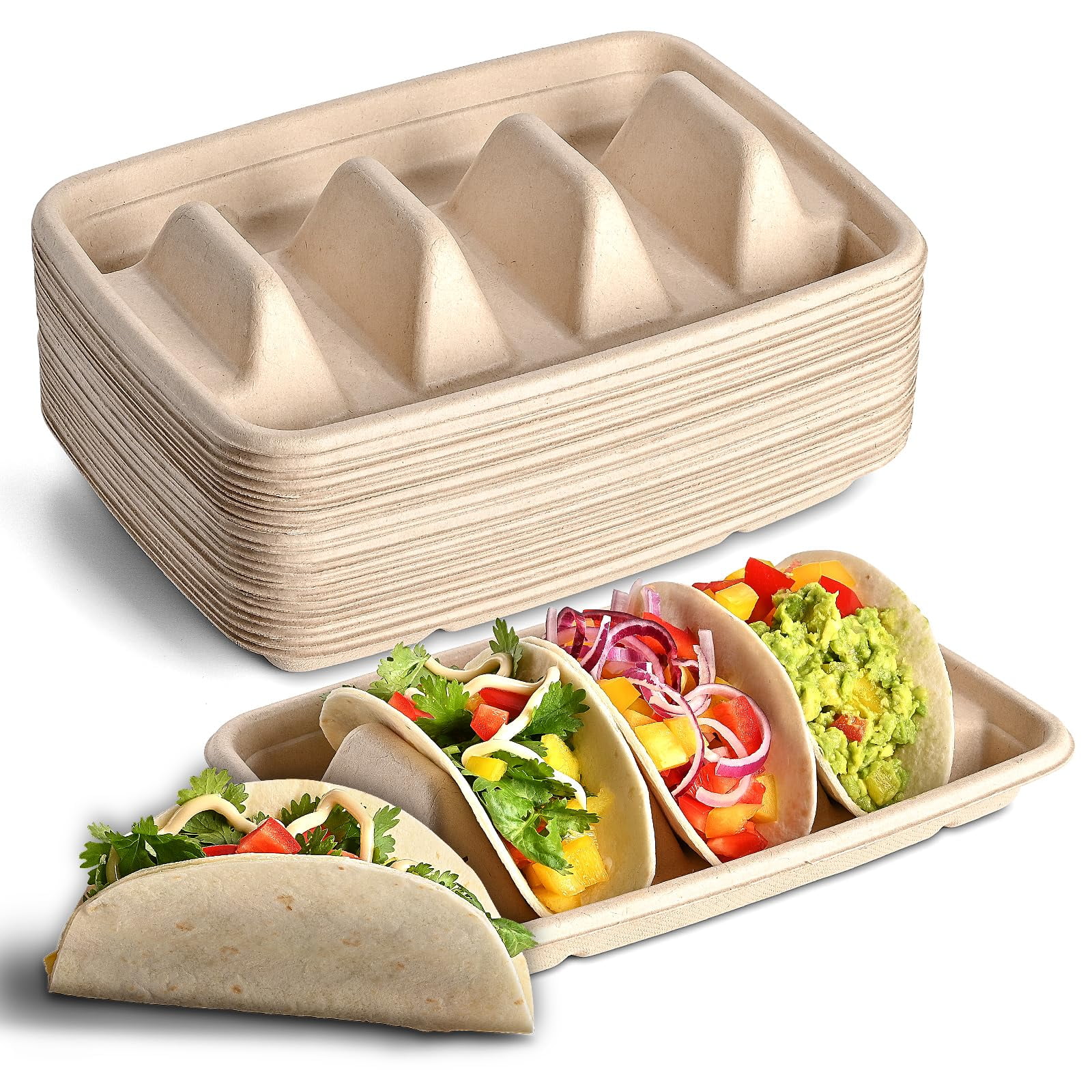 DTOWER 30 Pack Disposable Taco Holders with 3 Dividers,Bagasse Pulp ...