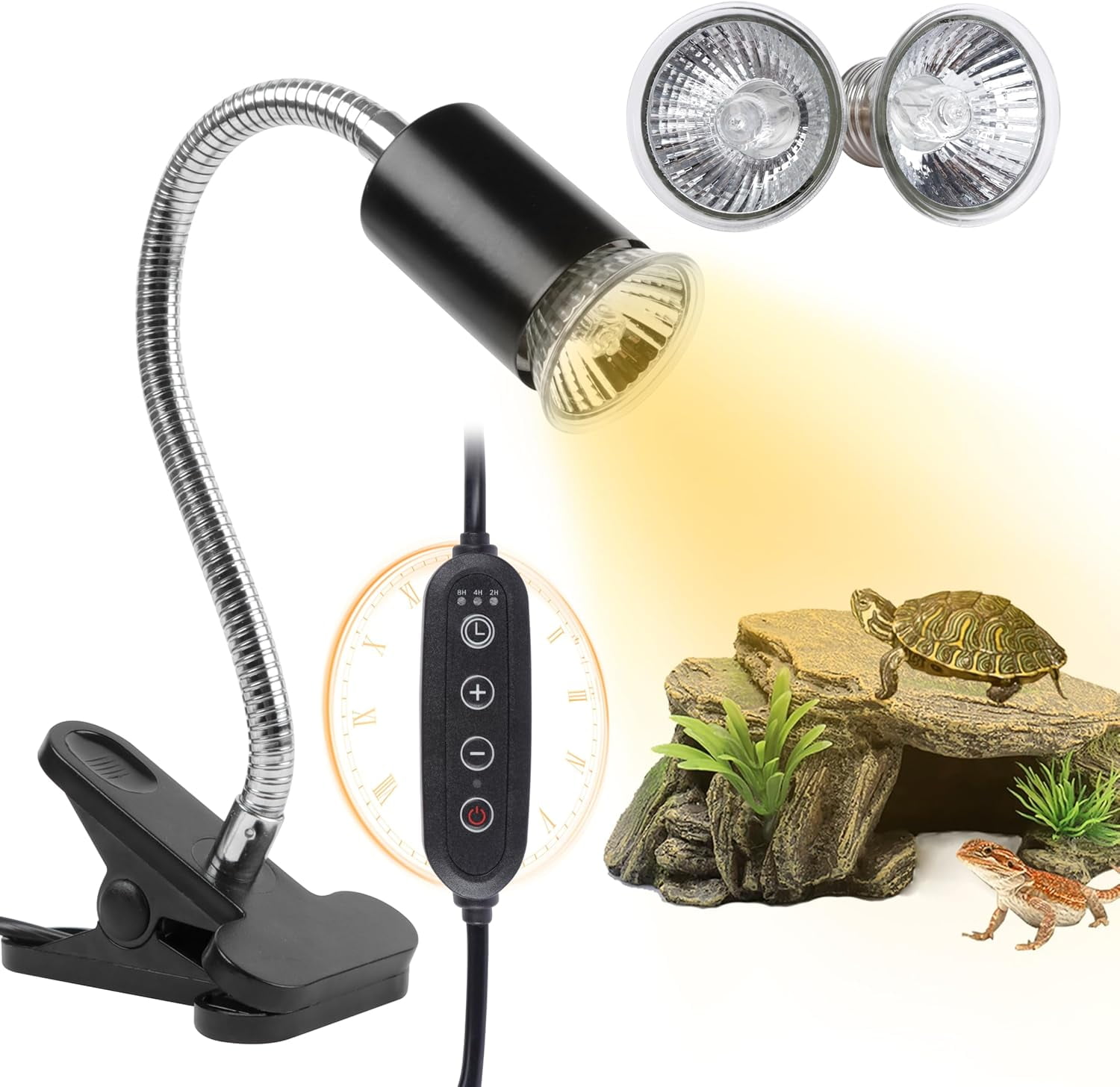 DTOWER Reptile Heat Lamp with Clamp for Aquarium Turtle Tanks 360° Rotatable Timer and Dimmable ...