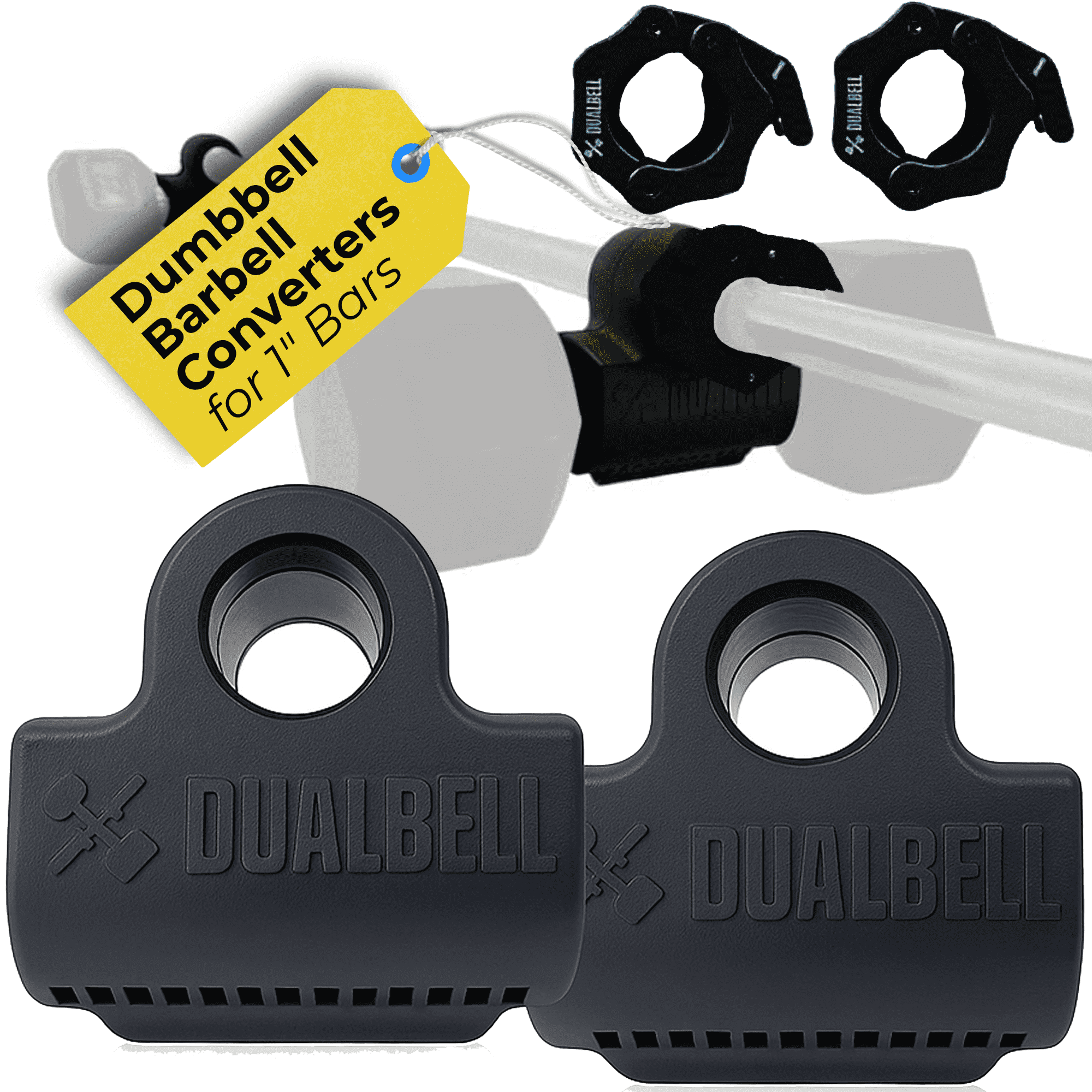 DUALBELL Dumbbell Barbell Converters- Pair Black w/black weight collars ...