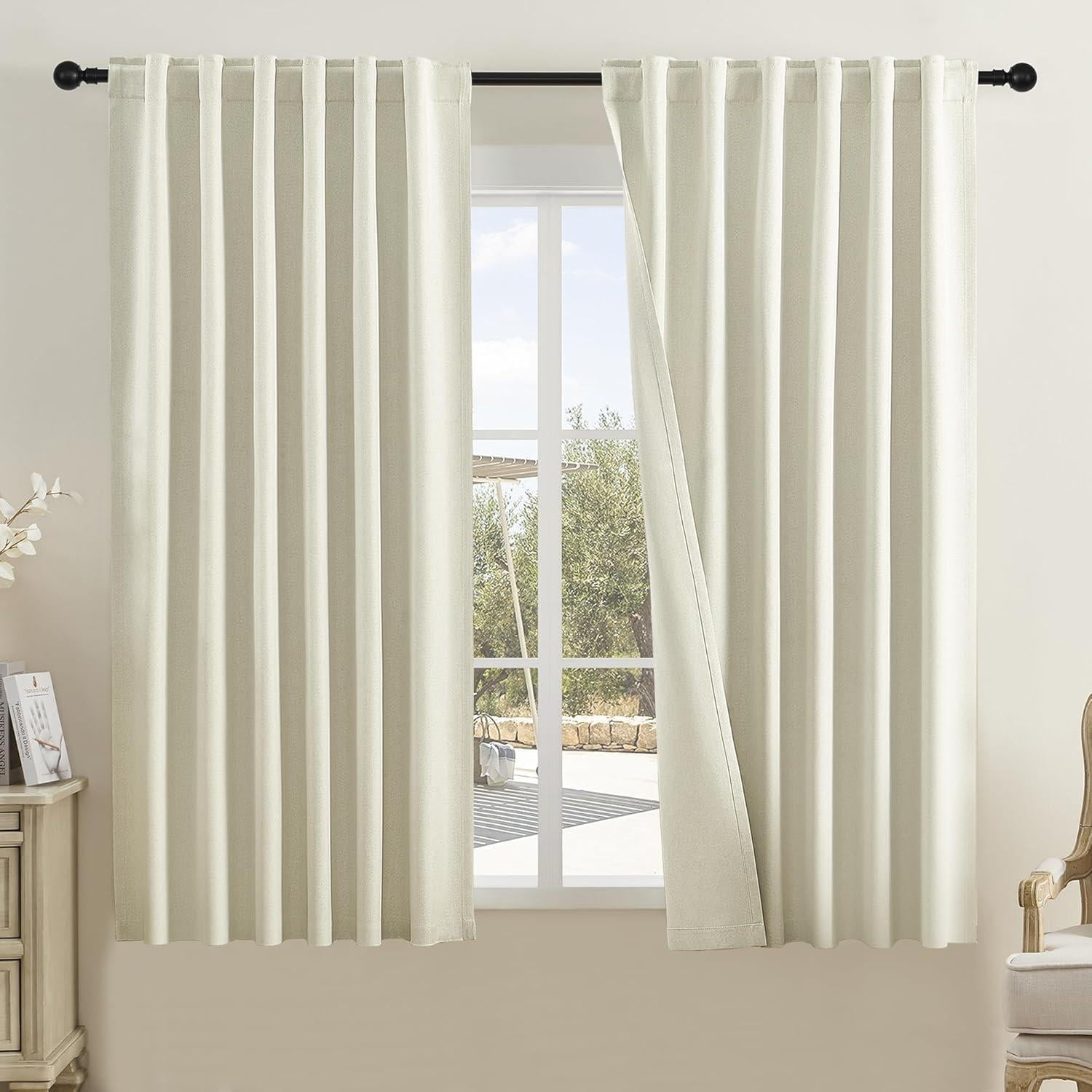 DUALIFE Beige Curtains 72 Inch Length 2 Panels Set-Faux Linen Textured ...
