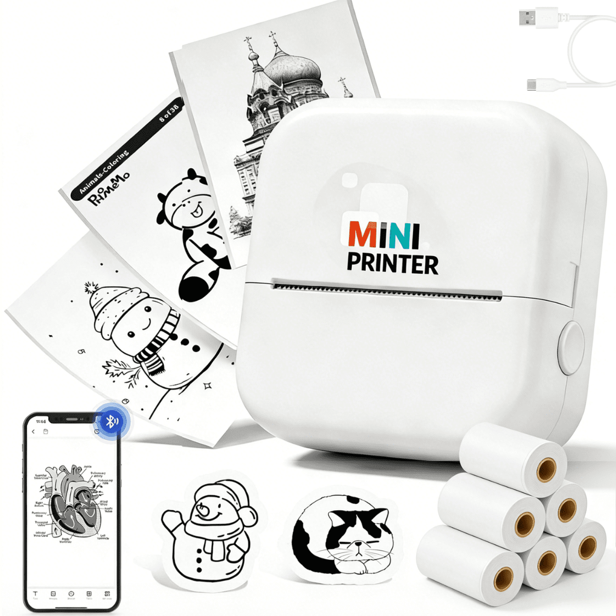 DUANJY Bluetooth Inkless Print, 2 inches Mini Thermal Printer with 5 ...