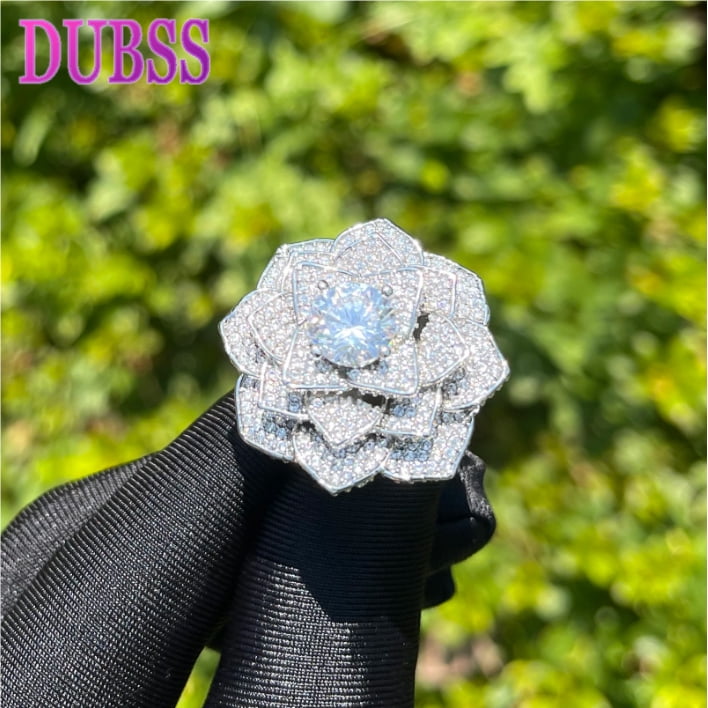 DUBSS Iced Out Rose Flower Ring for Women Micro Pave Cubic Zirconia ...