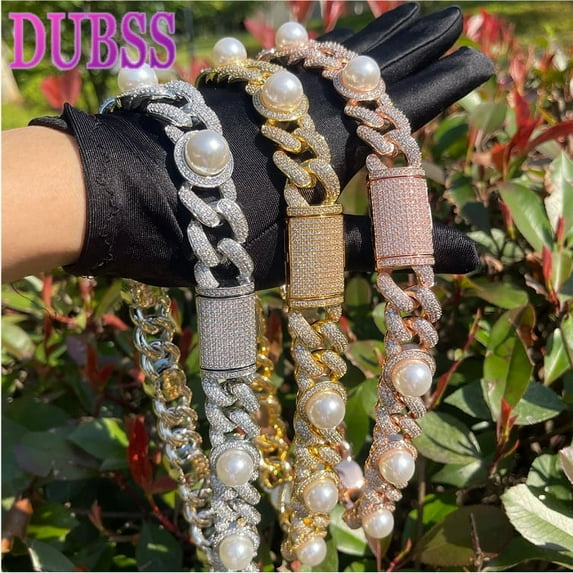 DUBSS Pearl Cuban Link Chain for Men Prong Necklace Choker Real Copper ...