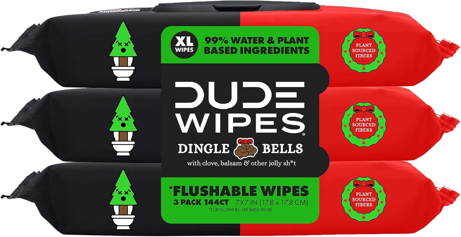 DUDE Wipes - Flushable Wipes for Adults - 3 Pack, 144 Wipes - Dingle Bells Extra Large Wet Wipes ...