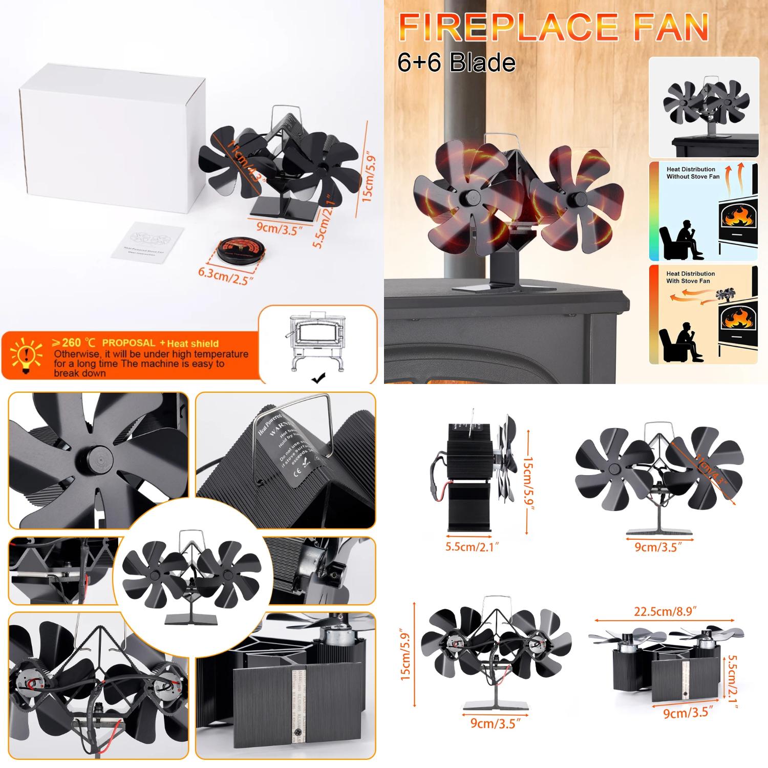 DUFDERIA 12 Blade Heat Powered Stove Fan Double Fireplace Fan Log Wood ...