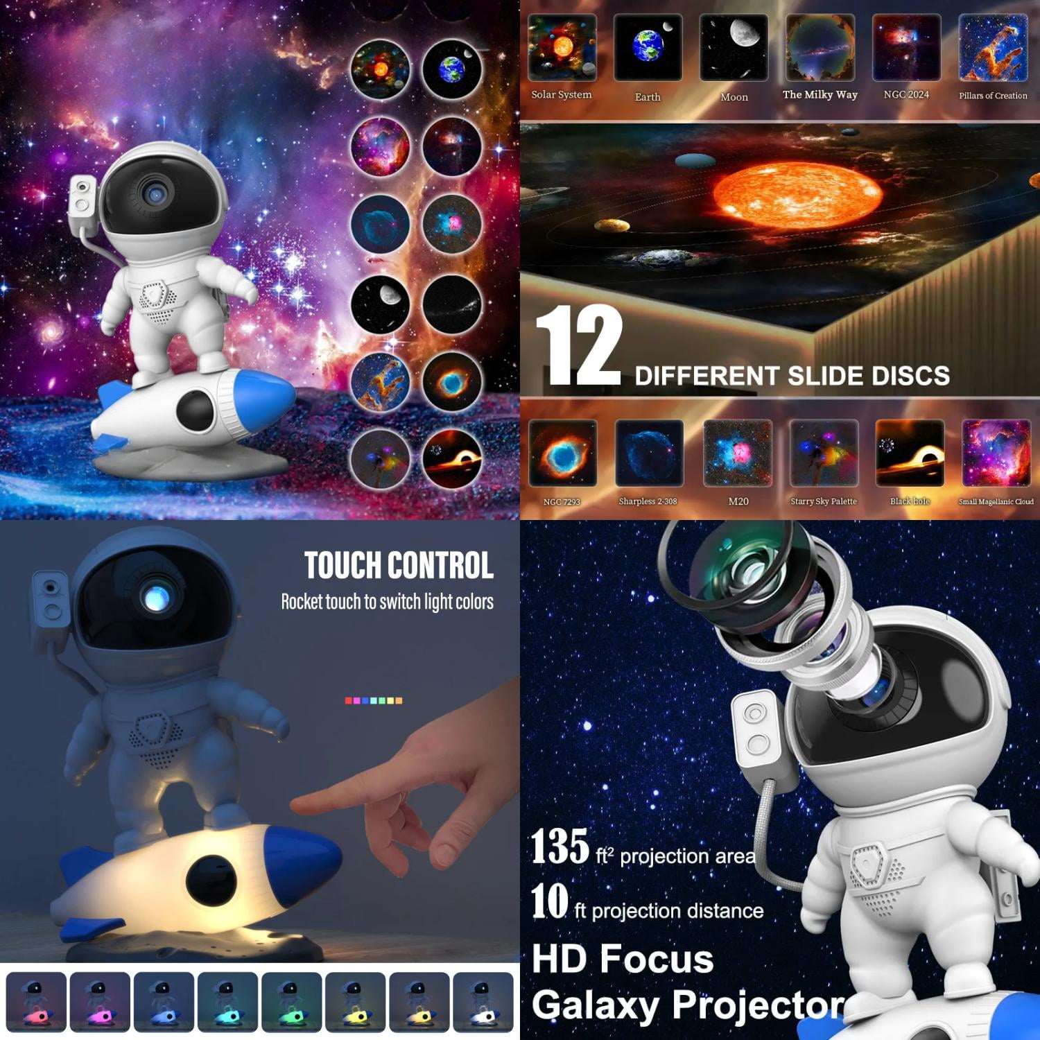 DUFDERIA 12 in 1 Rocket Astronaut Star Projector Night Light °Rotate ...