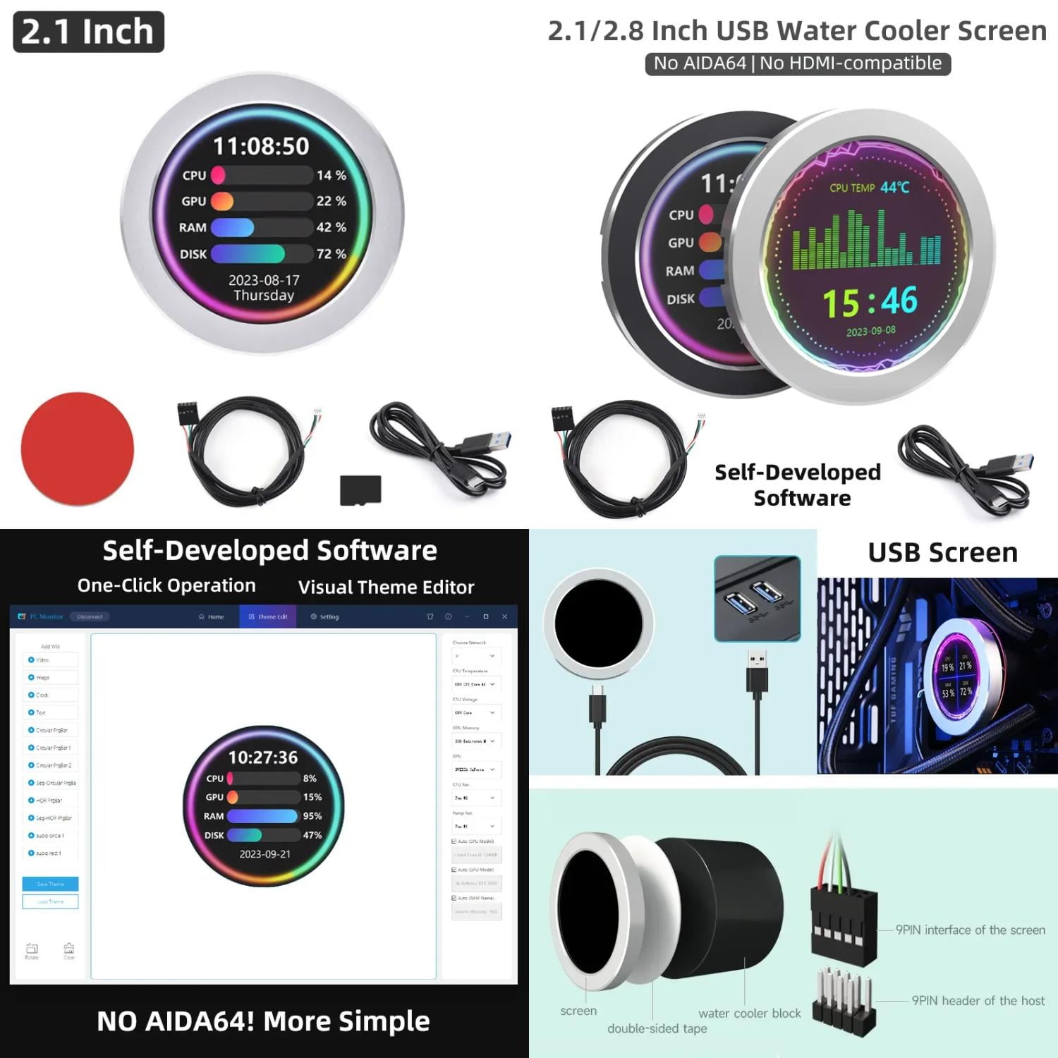 DUFDERIA 2.8 / 2.1 Inch IPS USB Secondary Screen Water Cooler Screen Music Spectrum Analysis CPU ...