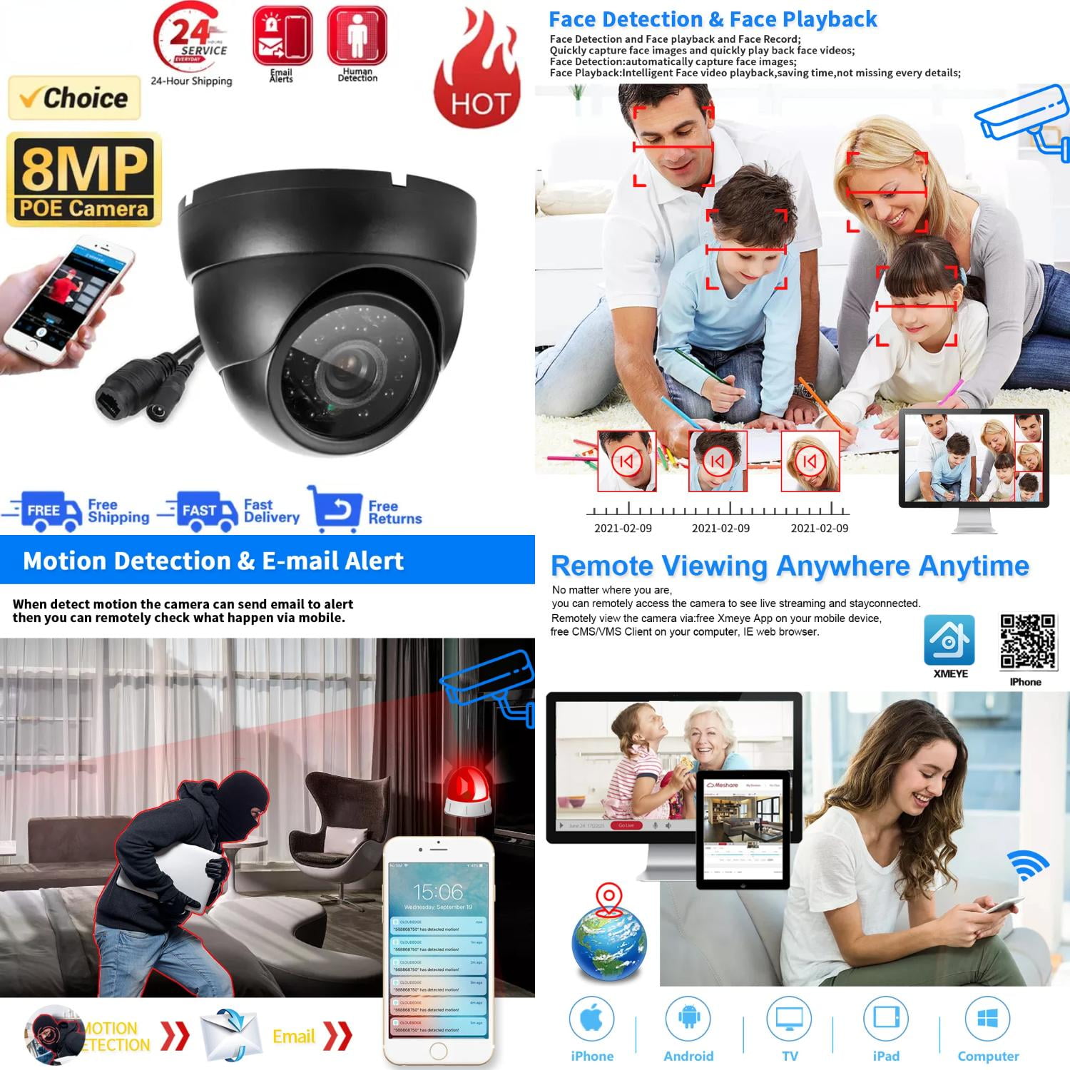 DUFDERIA 4K 8MP 5MP Dome POE IP Camera Explosion-Proof Motion Detection Network CCTV Security ...