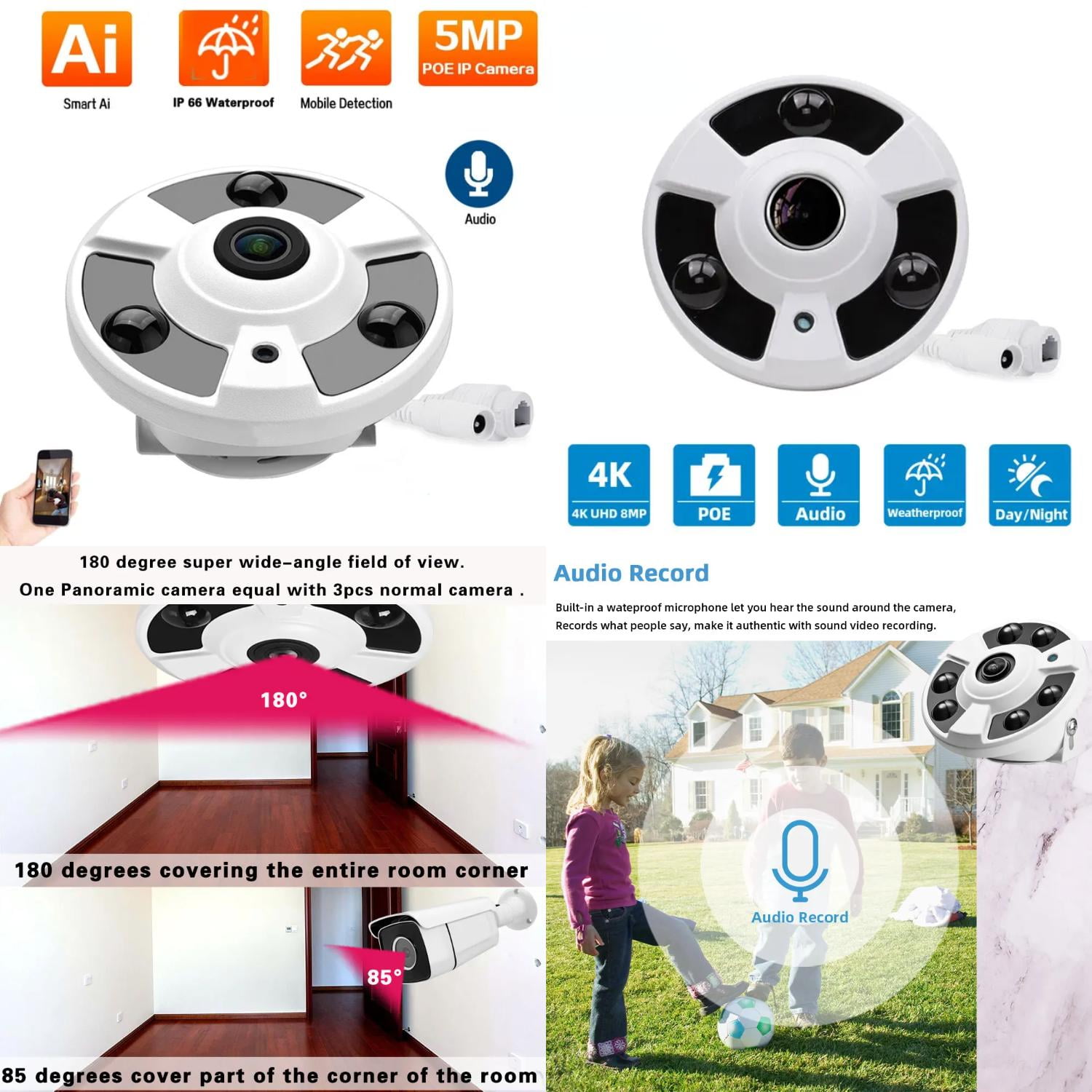 DUFDERIA 4K HD CCTV Wired Camera POE Motion Detection Fisheye IP Cam 8MP Indoor POE Panoramic ...