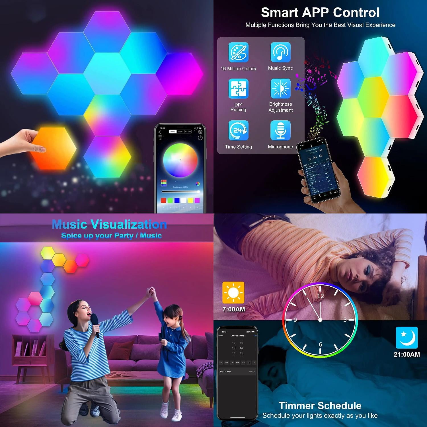 DUFDERIA 6 pcs Smart Hexagon RGB LED Wall Light Panels APP Control 16 ...