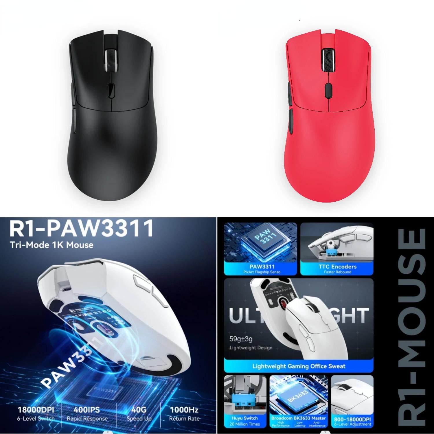 DUFDERIA Attack R1 Wireless Mouse PAW3311 Tri- Connection Gaming Mouse ...