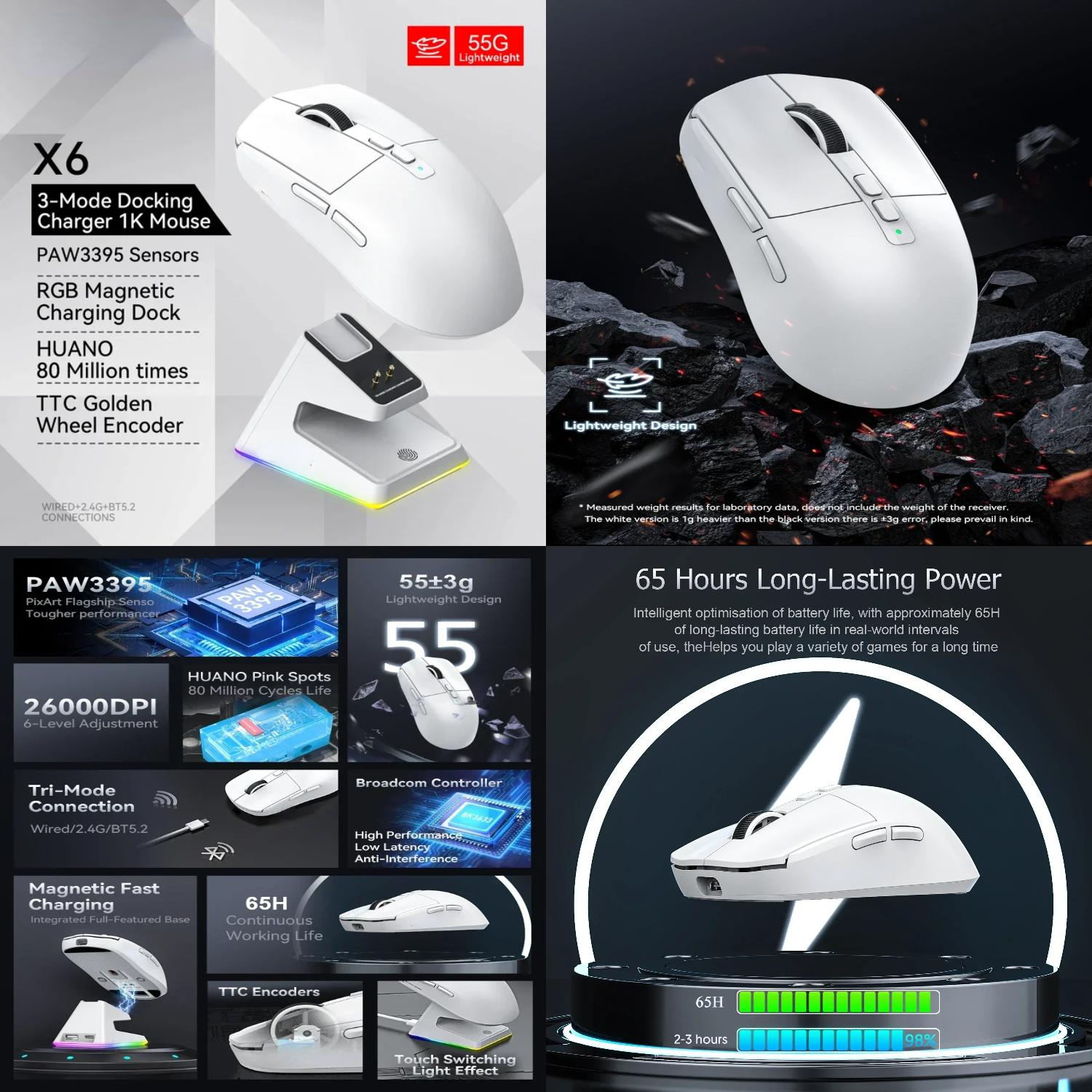 DUFDERIA Attack X6 Bluetooth Mouse PixArt PAW3395 Tri- Connection RGB Touch Charging Base Macro ...