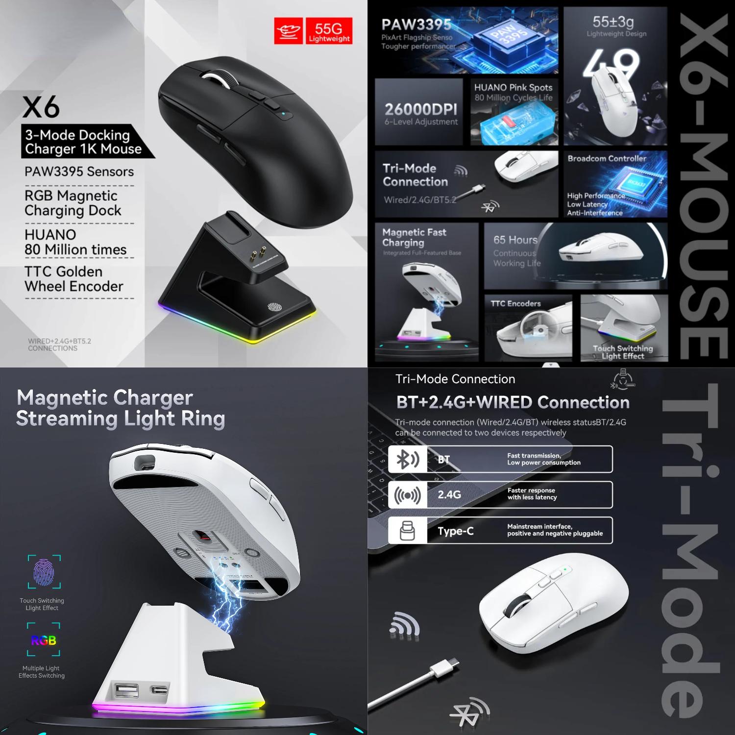 DUFDERIA Attack X6 Bluetooth Mouse PixArt PAW3395 Tri- Connection RGB Touch Charging Base Macro ...