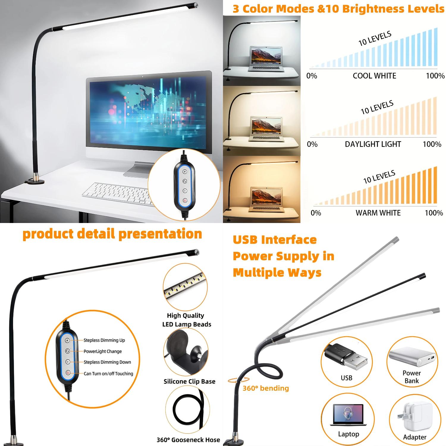 DUFDERIA Desk Lamp 3 Modes 10 Brightness ° Rotation Eye-Caring Reading ...