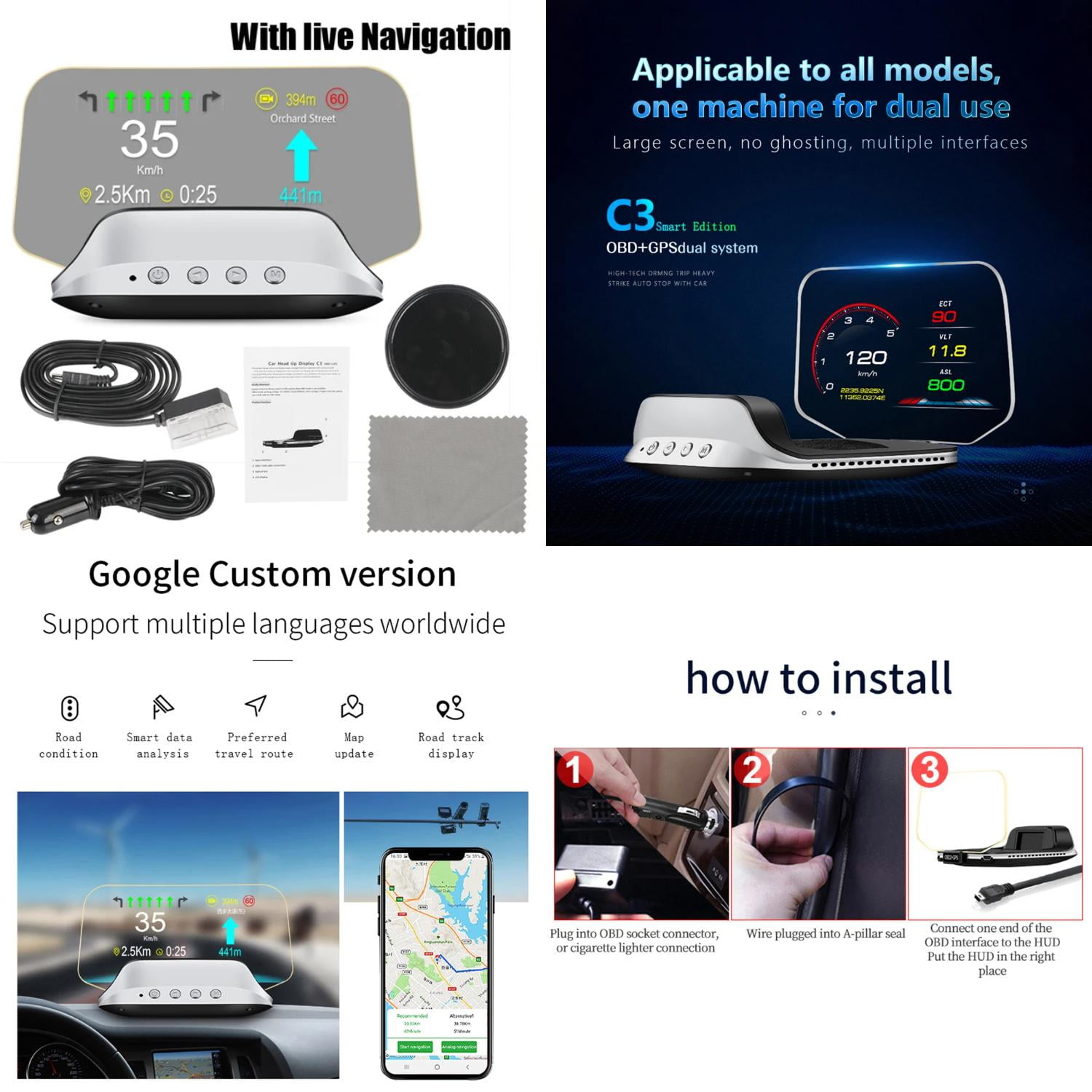 DUFDERIA Display Auto Projector Hud C3 HUD Navigation GPS obd2 ...