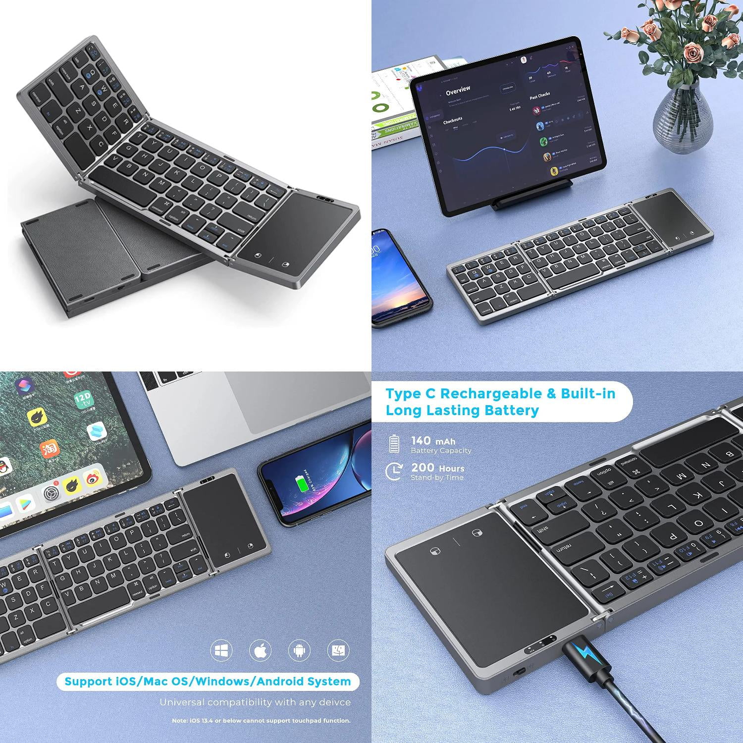 DUFDERIA Foldable Wireless Bluetooth Keyboard Rechargeable Folding ...