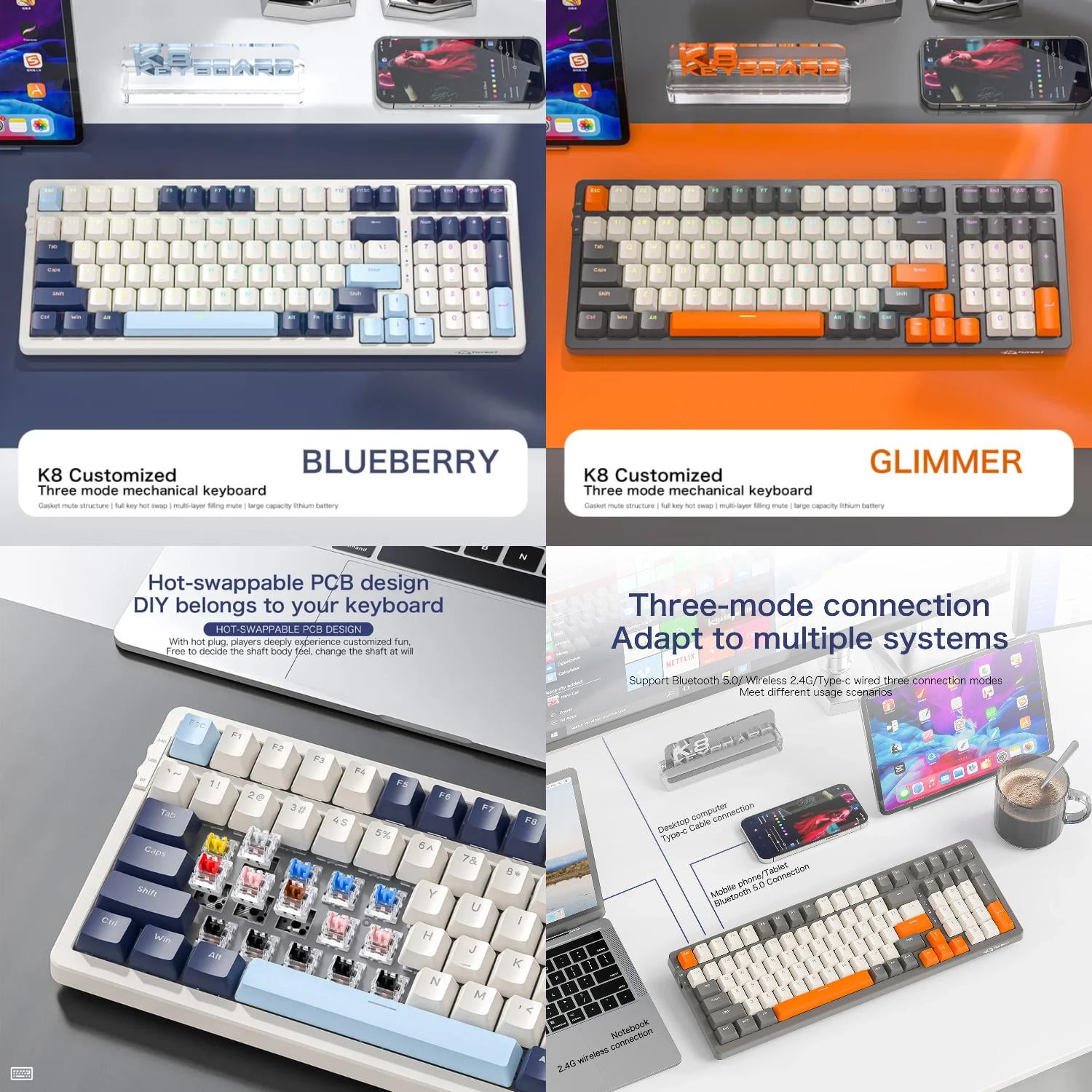 DUFDERIA K8 Wireless Mechanical Keyboard Tri- Connection 100 Key Full ...