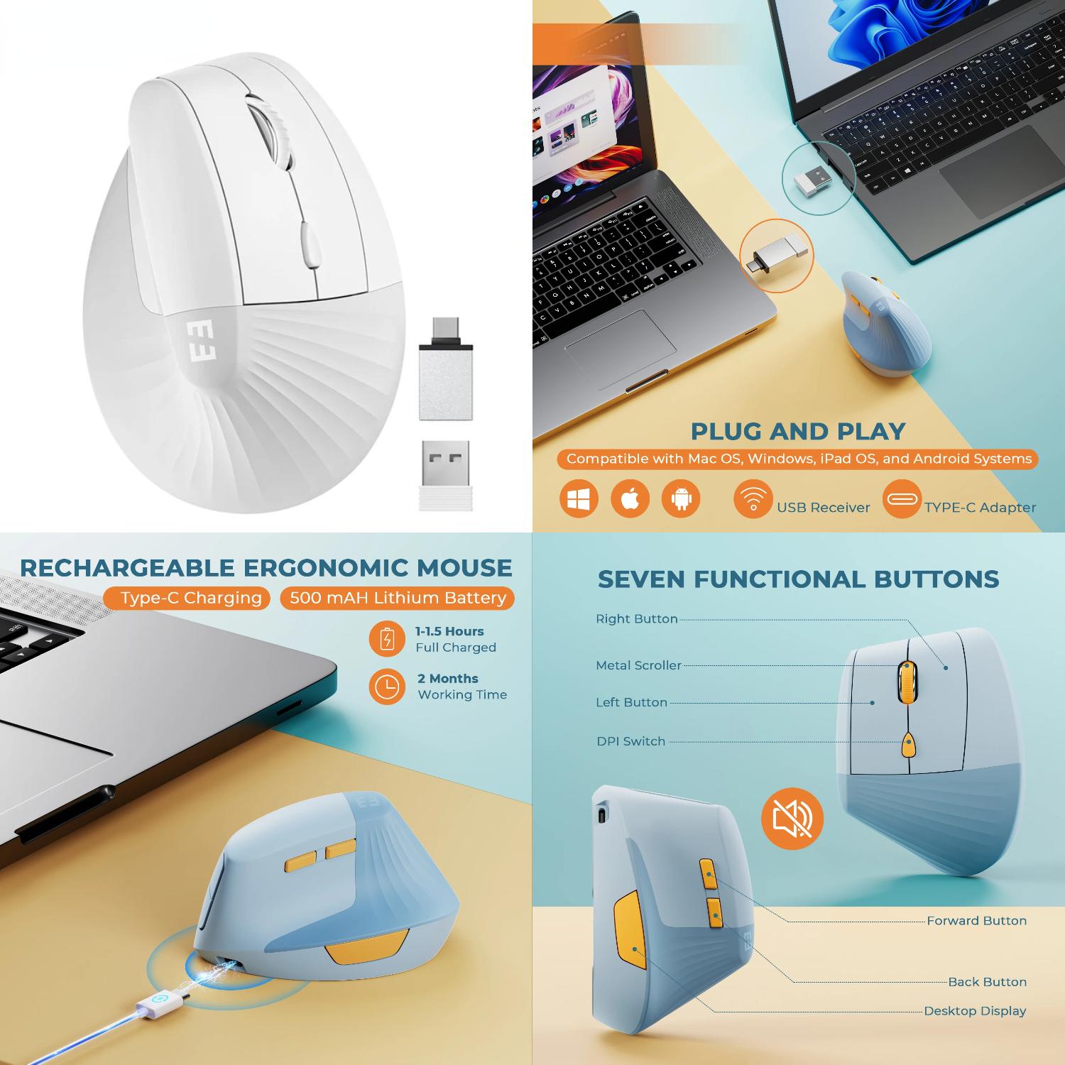 DUFDERIA Lift Vertical Wireless Mouse Type C Rechargeable Ergonomic USB ...