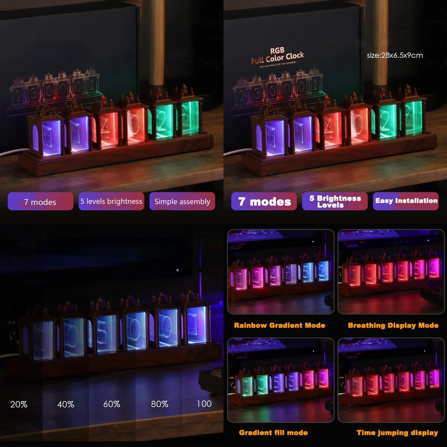 DUFDERIA Nixie Tube Clock Night Lights RGB Glow Tube Clock Wood LED ...