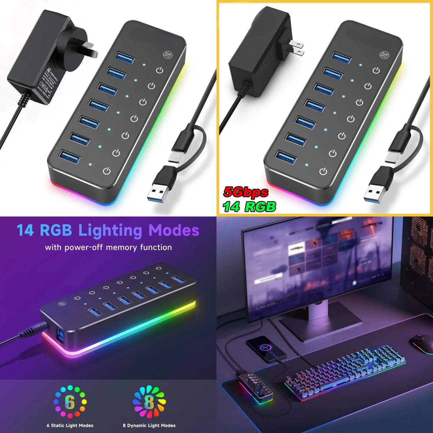 DUFDERIA Powered 5Gbps USB C Hub 7 Port USB3.0 14 RGB LED Strip 20W ...