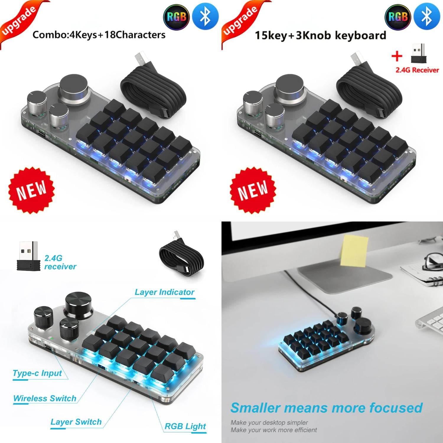 DUFDERIA Programming Macro Custom Keyboard 2.4G/Bluetooth/USB 3 RGB Mechanical Keyboard Gaming ...