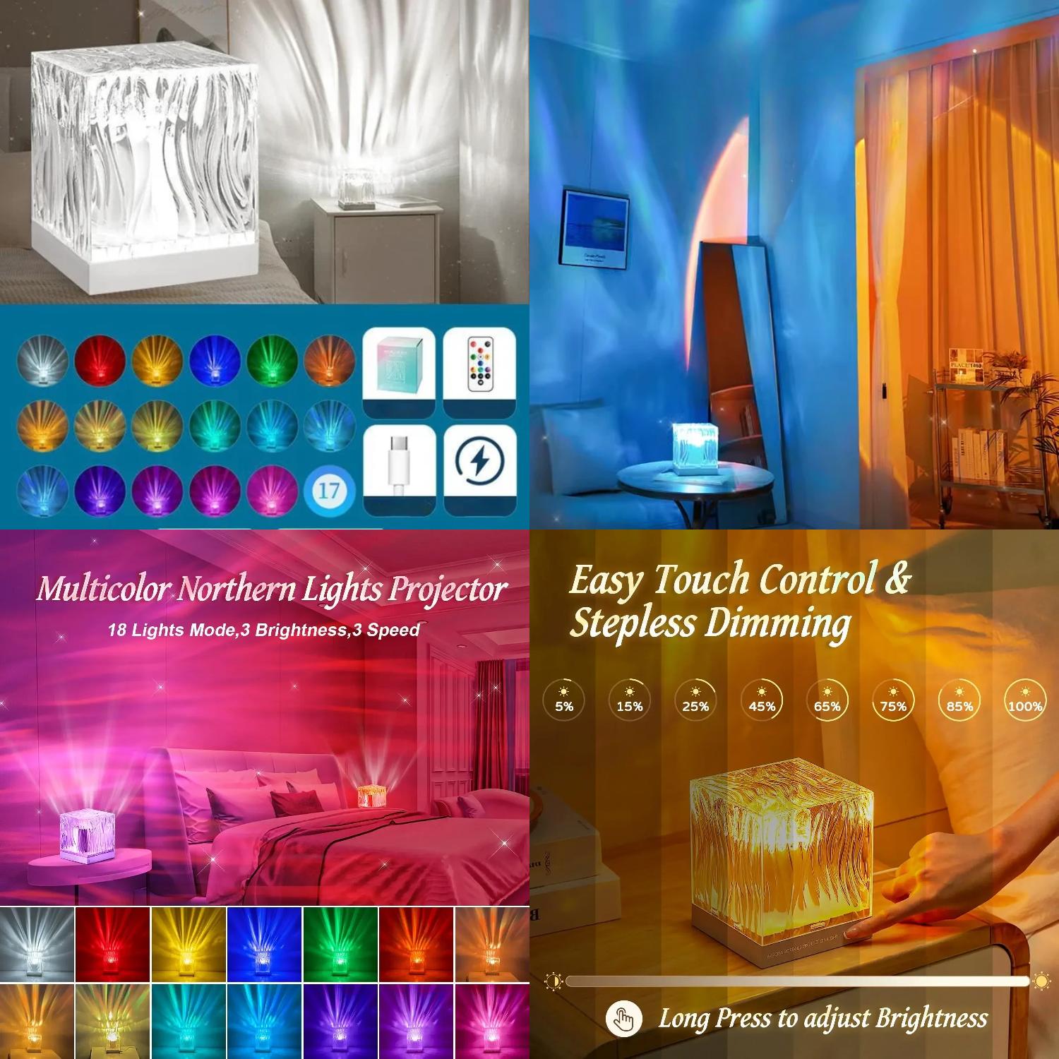 DUFDERIA RGB Crystal Lamp Aurora Projector Northern Lights Water Ripple ...