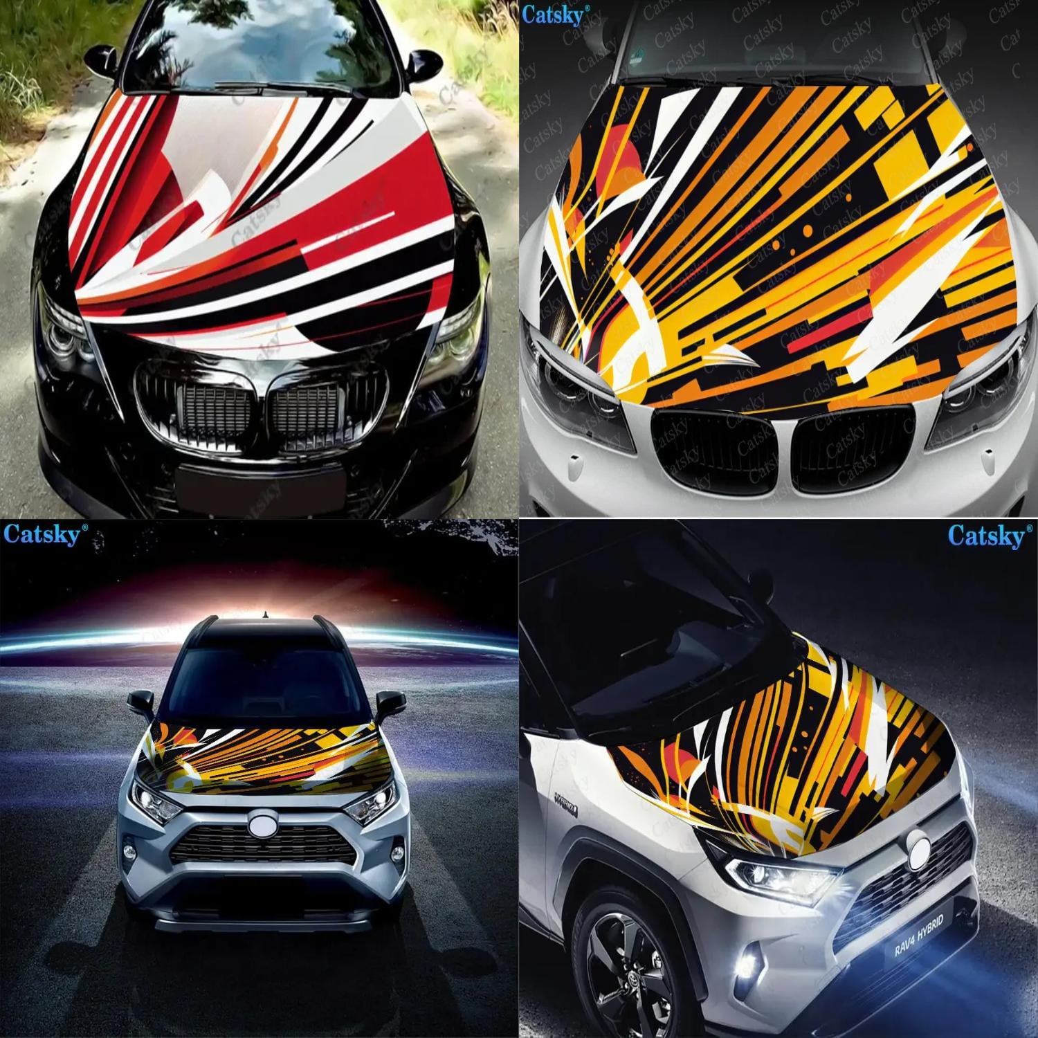 DUFDERIA Red and Black Glossy Stripes Car Hood Vinyl Stickers Wrap ...