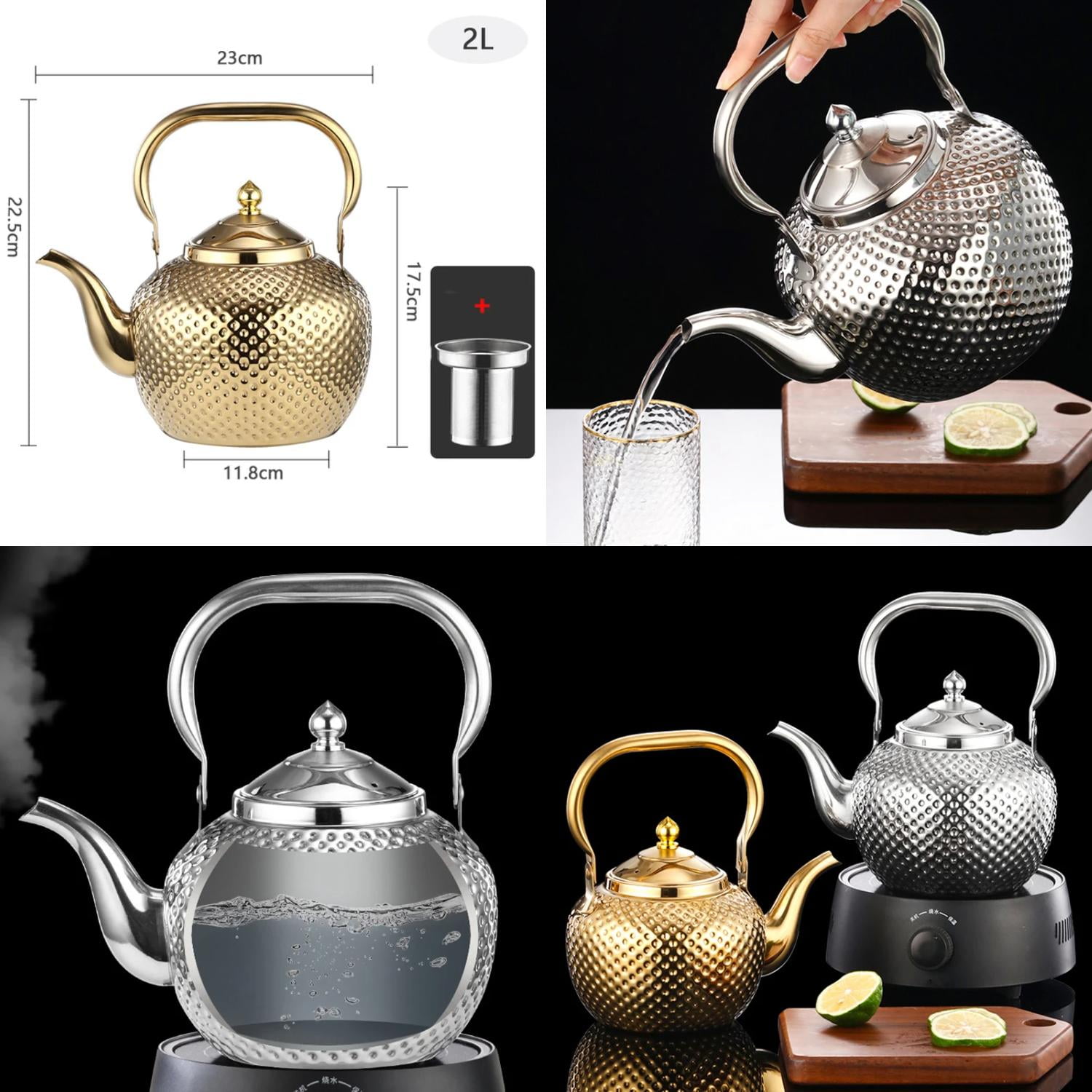 DUFDERIA Silver and Gold Hammered Stainless Steel Spherical Tea Pot ...