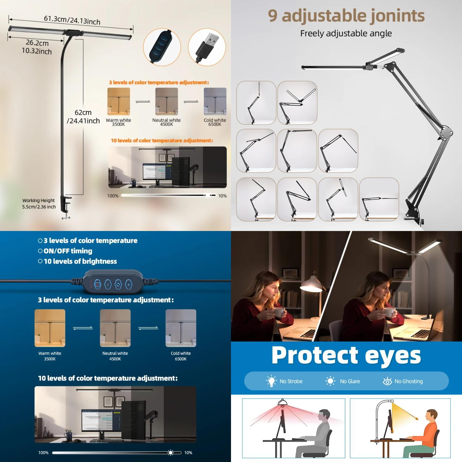 DUFDERIA Stepless Dimmable Led Desk Stand Lights 61CM Double Desk Lamp ...
