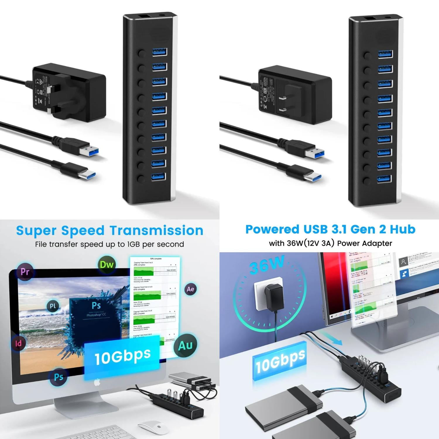 DUFDERIA USB Hub 10 Port USB 3.2 Gen 2 Expander 10Gbps 36W 12V/3A Power Adapter Aluminum USB C ...