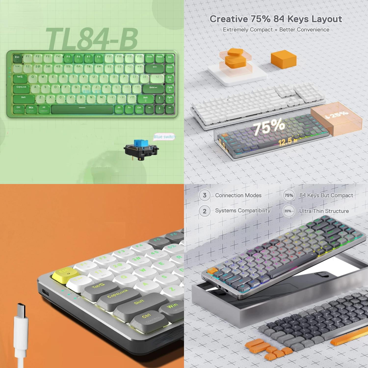 DUFDERIA Ultra Thin Wired Mechanical Keyboard Slim Compact 84 Keys ...