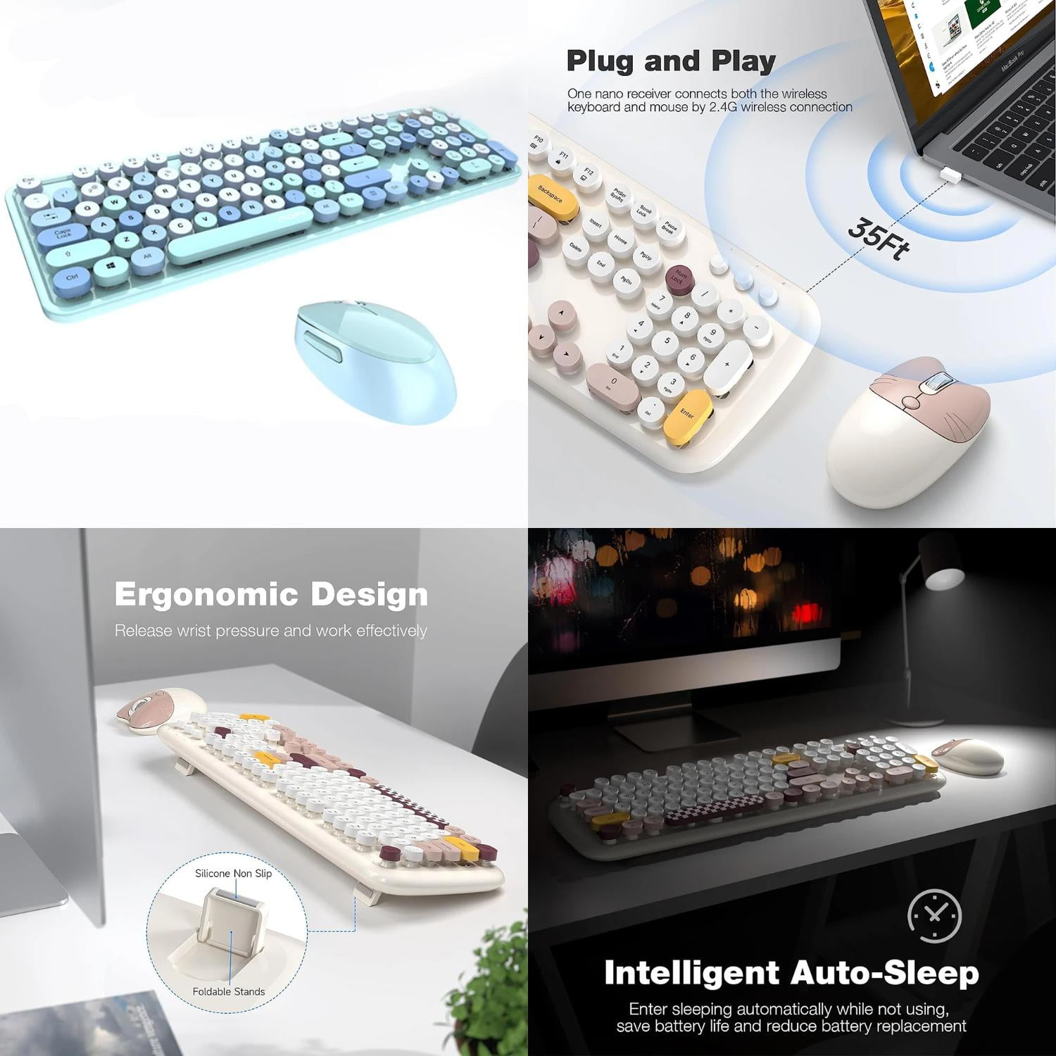 Dufderia Wireless Keyboard And Mouse Combo 2 4g Full Size Retro Typewriter Computer Keyboard For