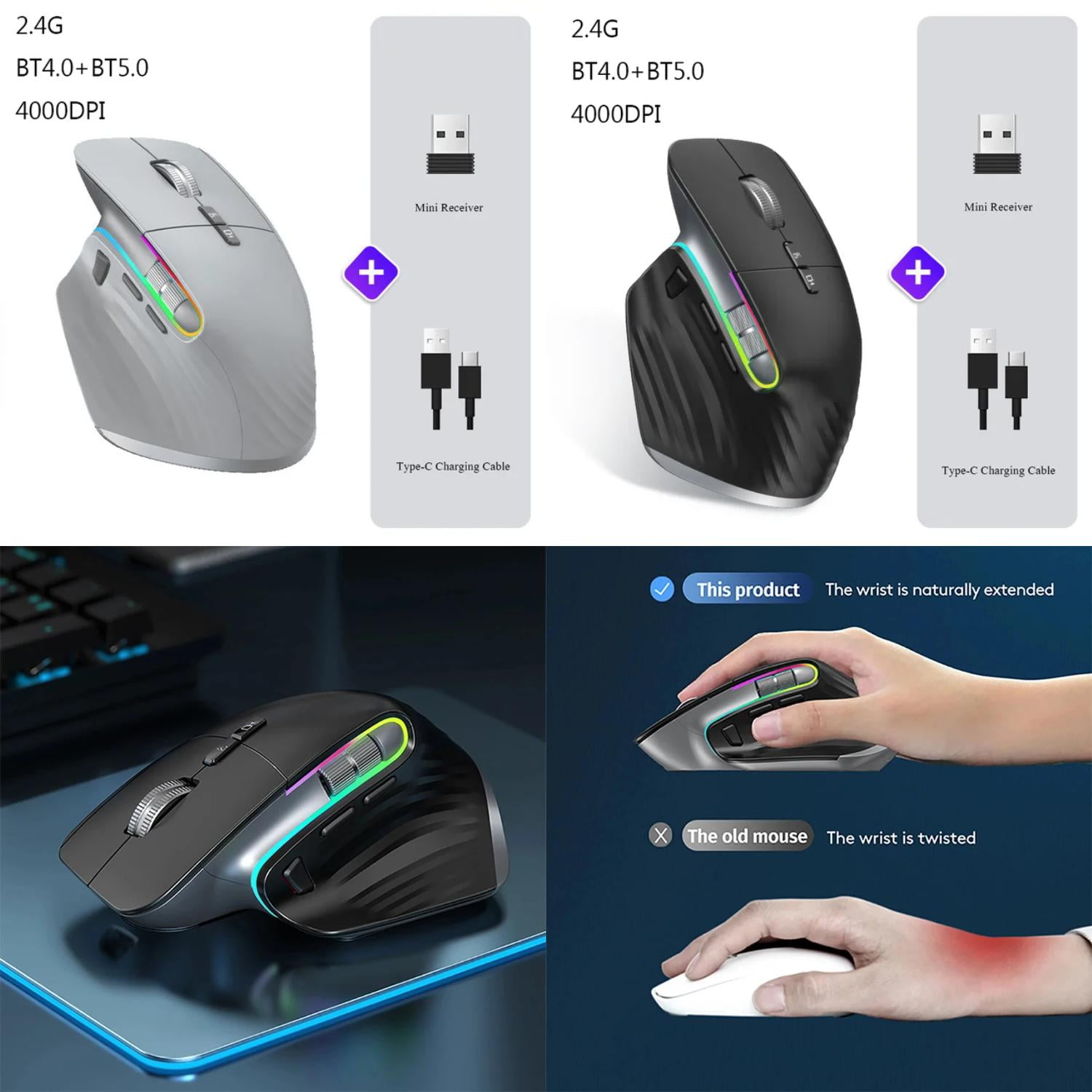 DUFDERIA Wireless Mouse Bluetooth+2.4G Tri- Mouse Mute Mice Ergonomic Gaming Mouse USB-C ...
