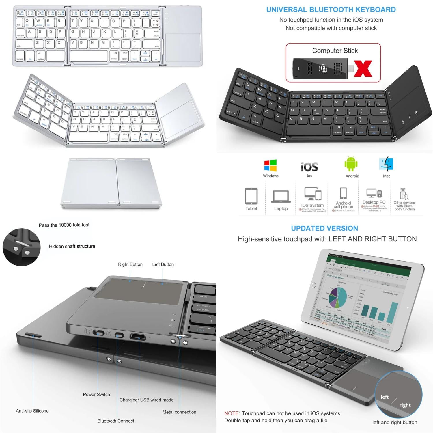 DUFDERIA YelWong Mini Foldable Keyboard Portable Touchpad Bluetooth 3.0 ...