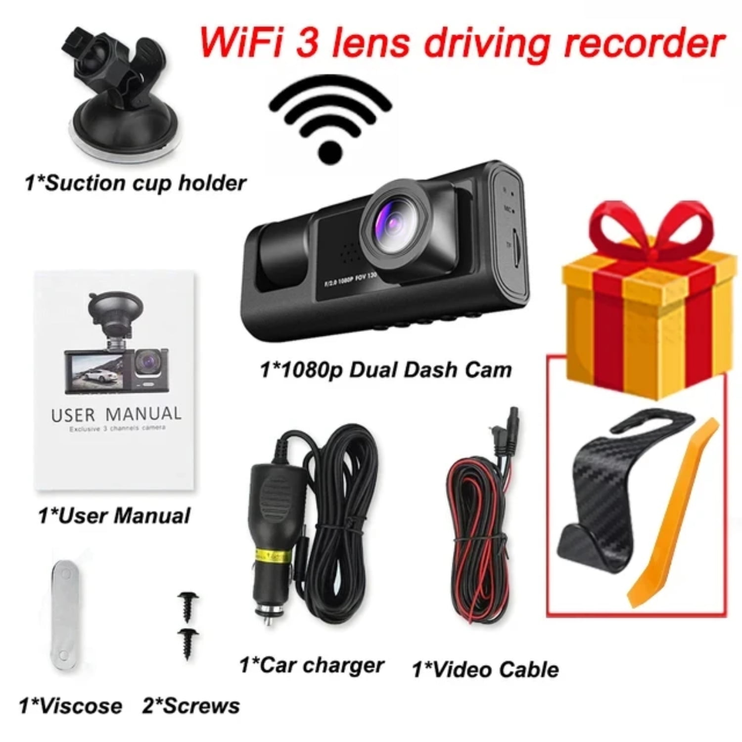 DUFDIE 3 Camera Cam for Cars 2Inch WIFI Vehicle Recorder Car DVR Rear ...