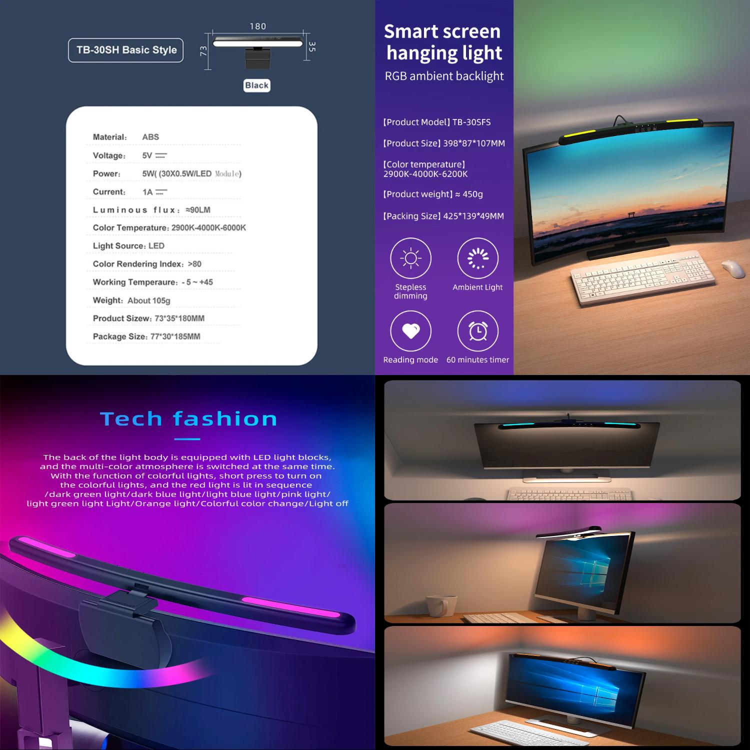 DUFDIEJ RGB Curved Monitor Light Stepless Dimming Hanging Light ...