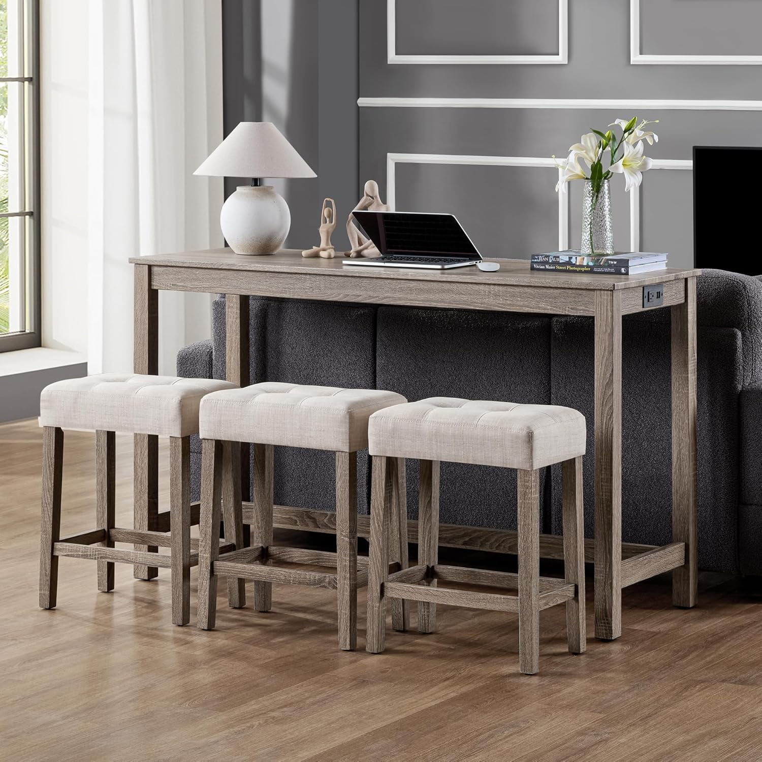 DUHOME 4 Piece Bar Table Set with Power Outlet,Industrial Breakfast ...