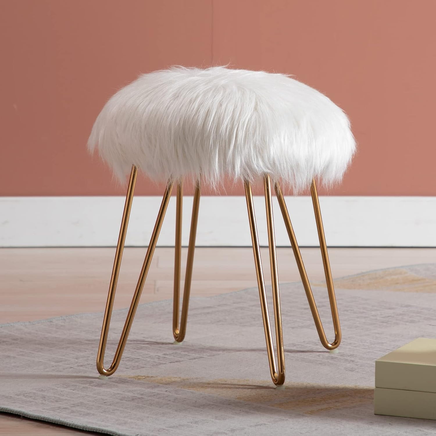 DUHOME Faux Fur Ottoman, Round Foot Rest Vanity Stool Makeup Stool with ...