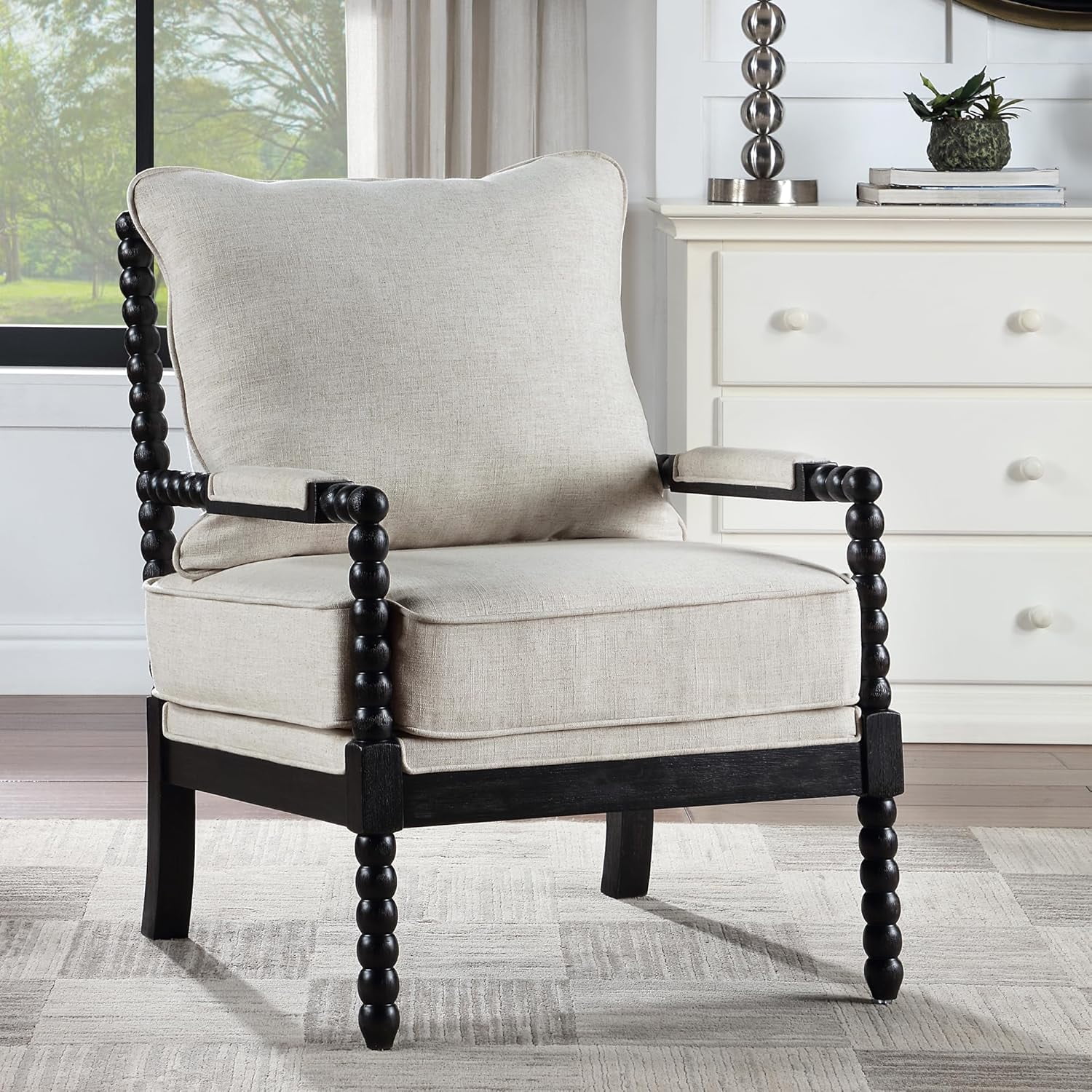 DUHOME Linen Fabric Spindle Accent Chair with Wood Frame,Spool Chairs ...